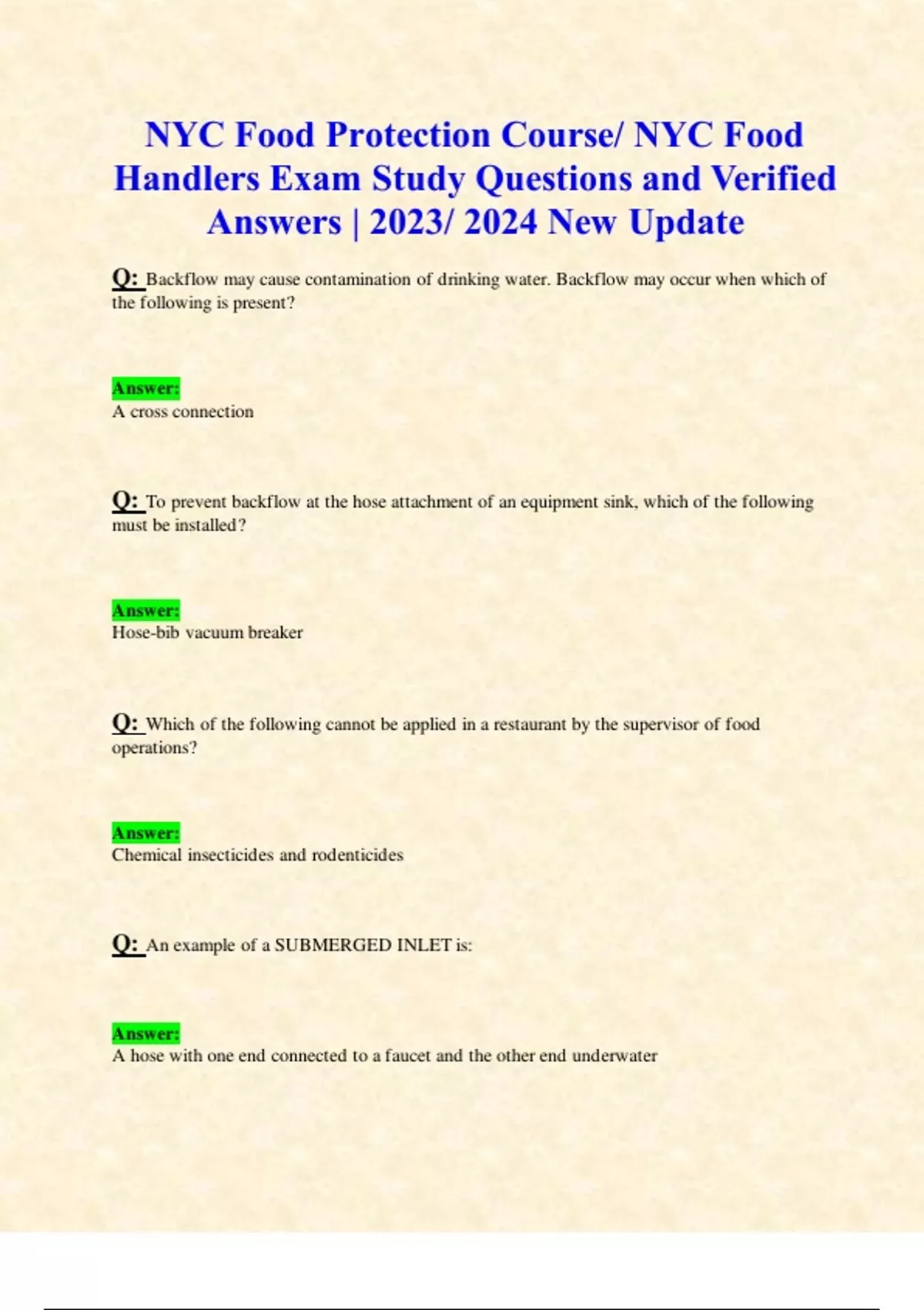 NYC Food Protection Course Exams LATEST UPDATES STUDY BUNDLE WITH