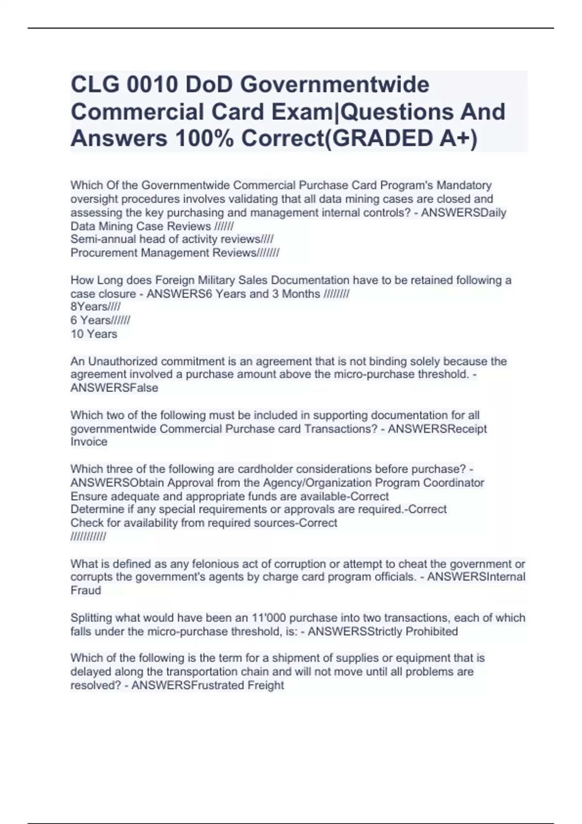 CLG 0010 DoD Governmentwide Commercial Card Exam|Questions And Answers ...