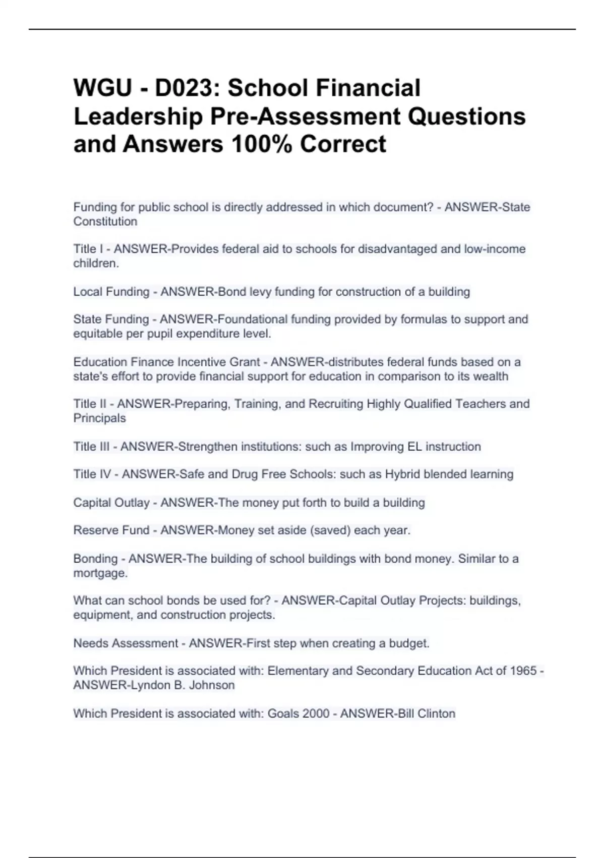WGU - D023: School Financial Leadership Pre-Assessment Questions and ...