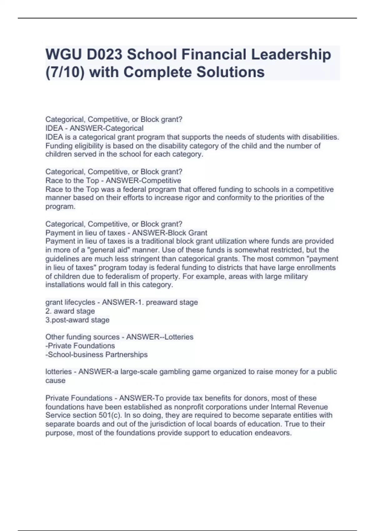 WGU D023 School Financial Leadership (7/10) with Complete Solutions - WGU D023 - Stuvia US