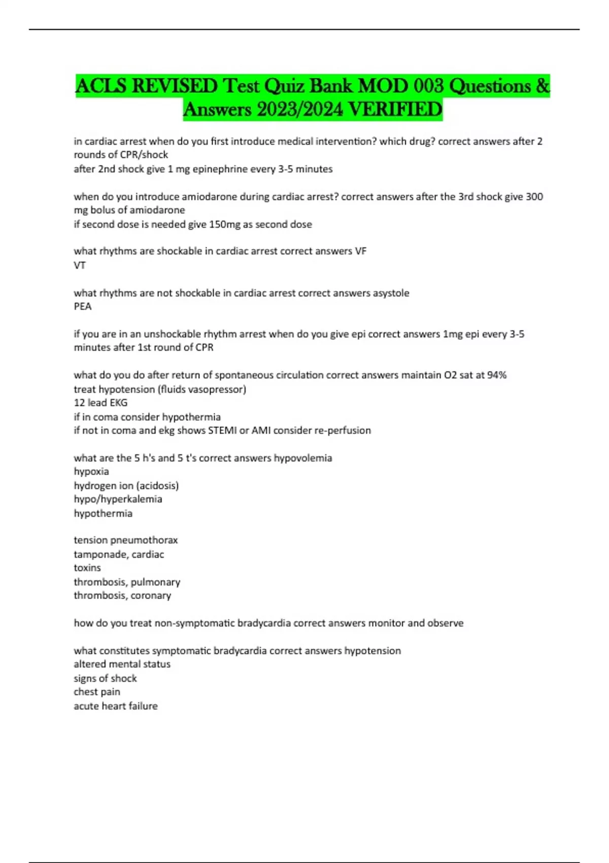 ACLS REVISED Test Quiz Bank MOD 003 Questions & Answers 100% VERIFIED ...