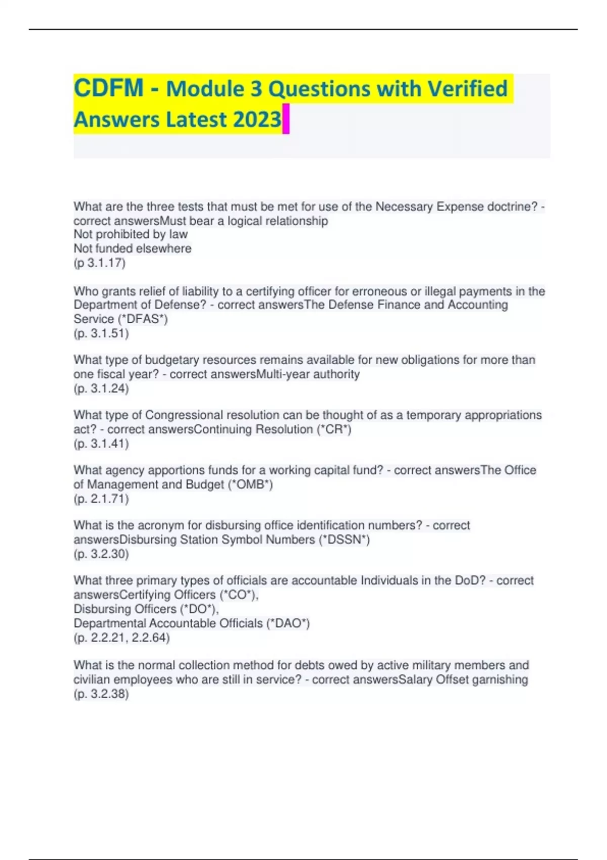 CDFM - Certified Defense Financial Manager - Module 3 Questions with ...