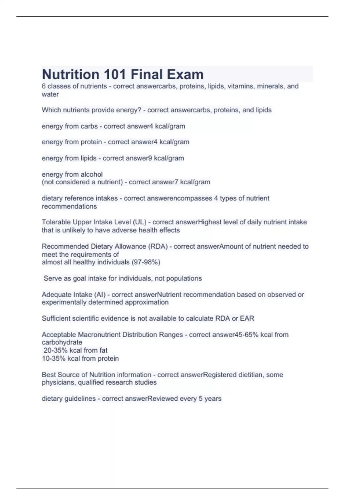 Nutrition 101 Final Exam 2023 with complete - Nutrition 101 - Stuvia US