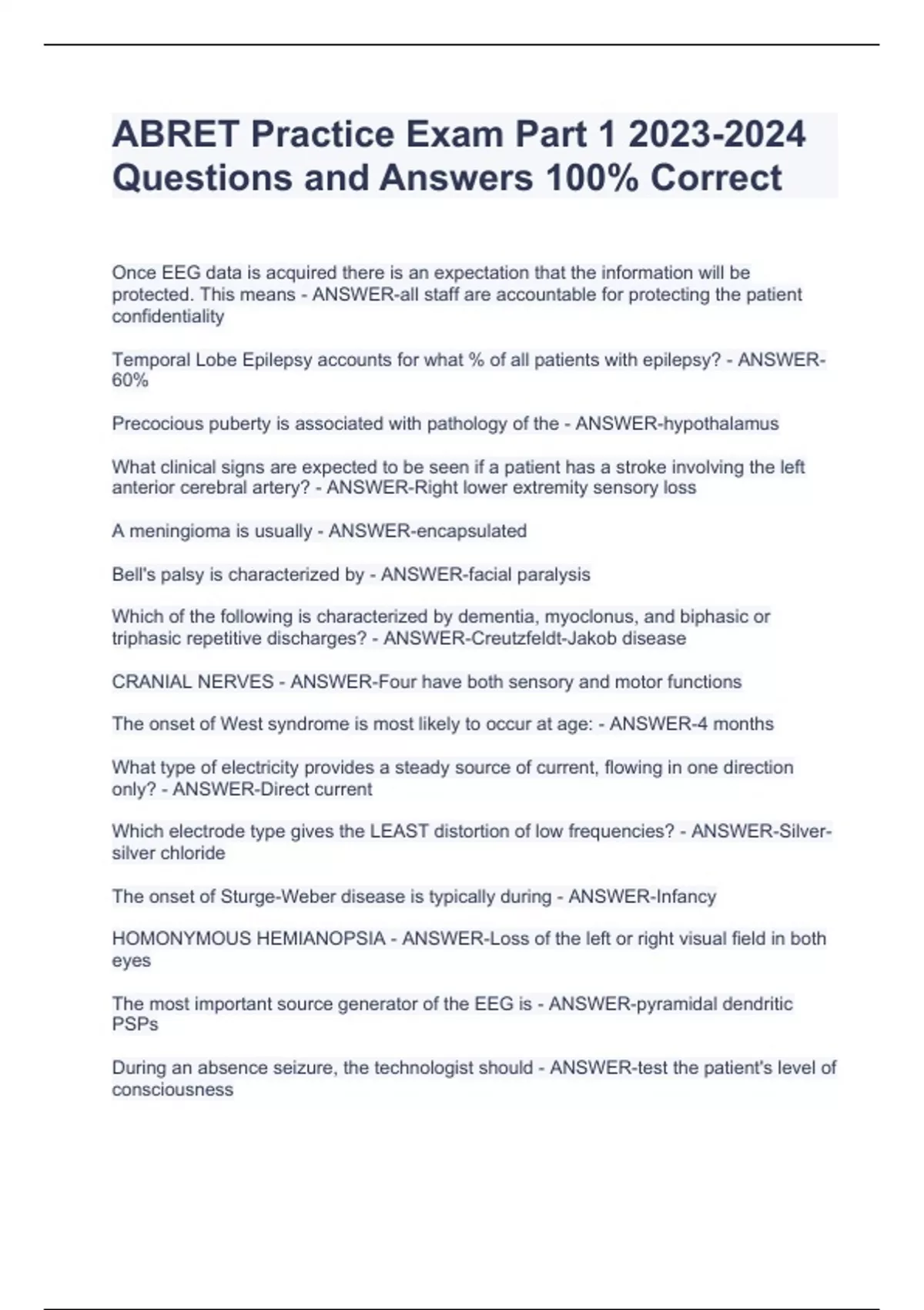 ABRET Practice Exam Part Questions and Answers 100% Correct - ABRET ...