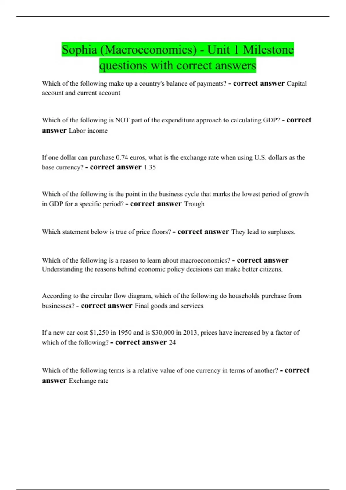 Sophia Macroeconomics Unit 1 Milestone Questions With Correct Answers Sophia Stuvia Us