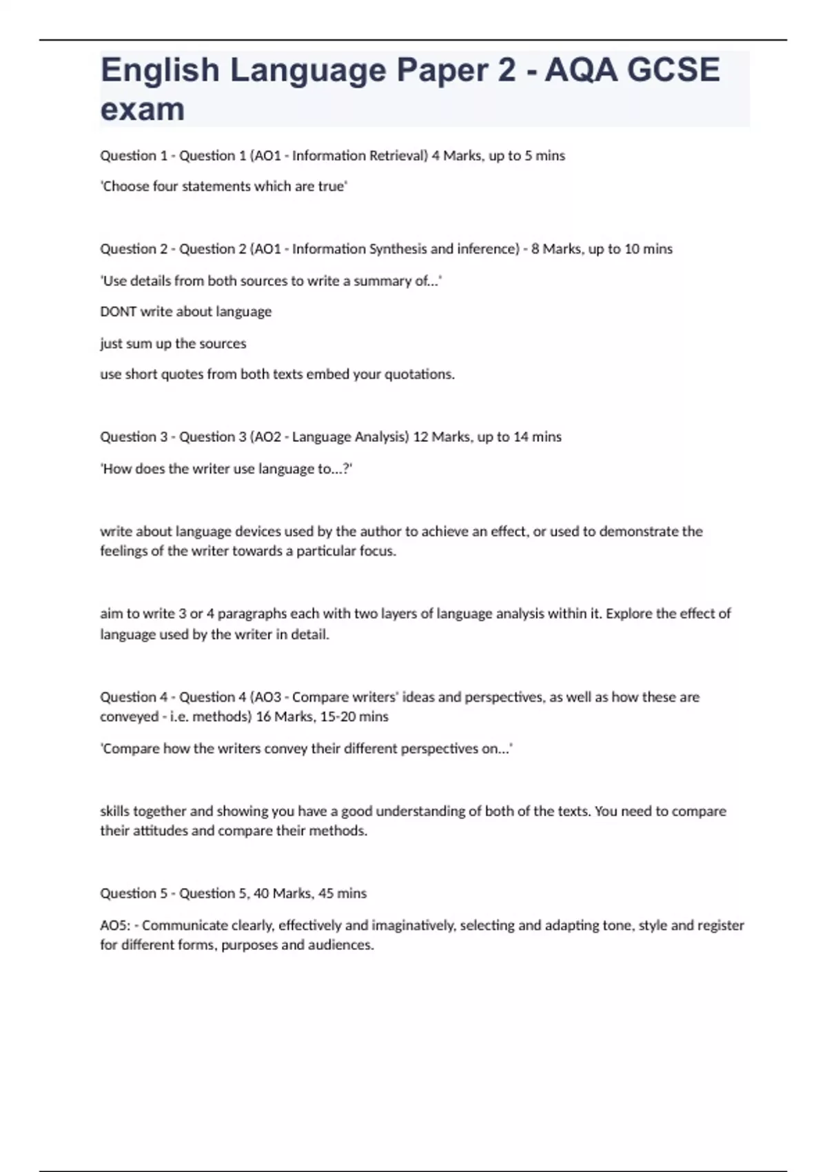 English Language Paper 2 - AQA GCSE exam - English Language Paper 2 ...