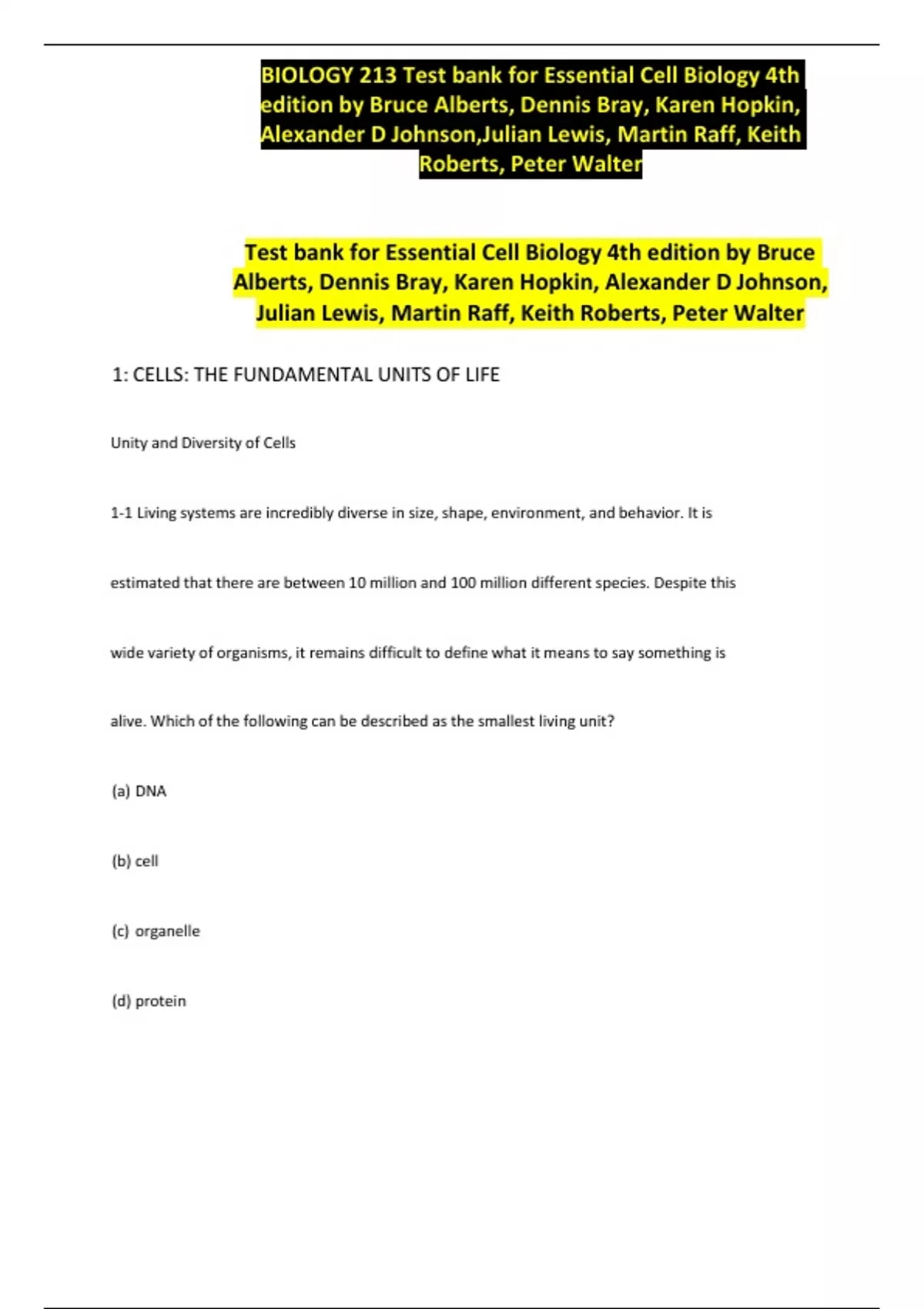 BIOLOGY 213 Test bank for Essential Cell Biology 4th edition by Bruce ...