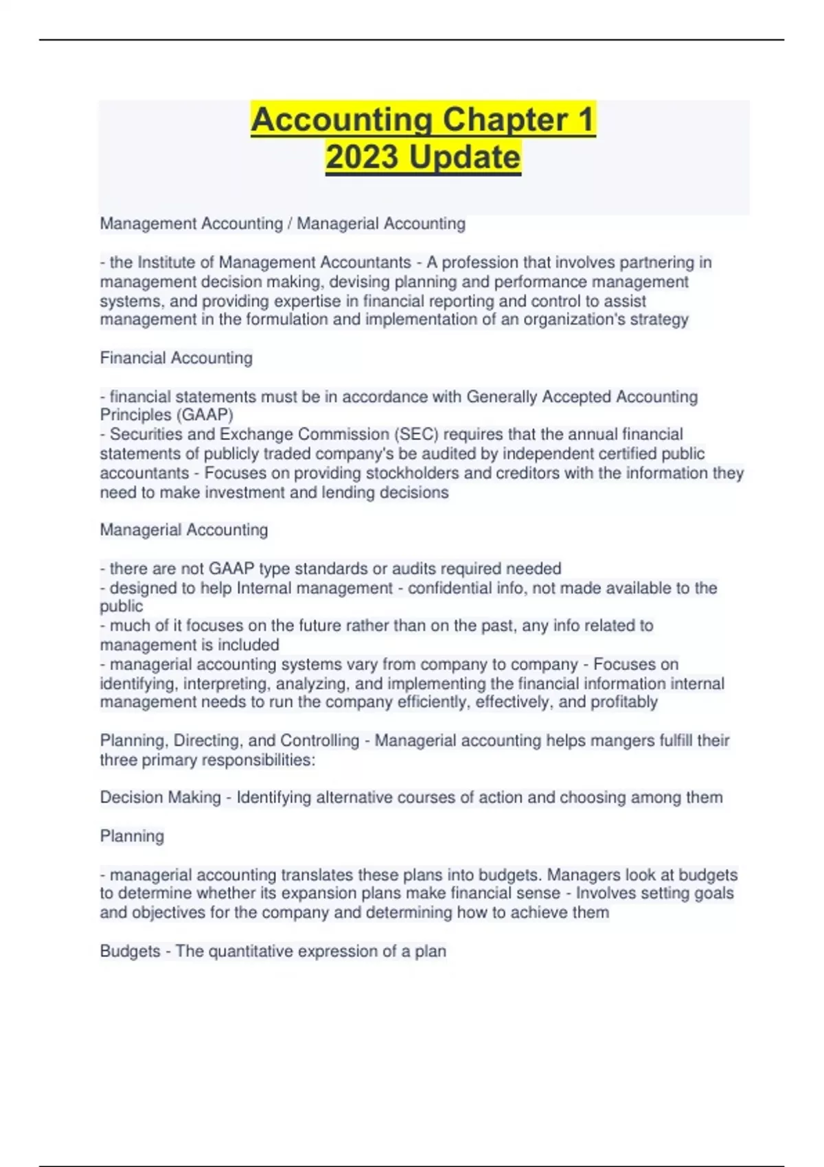 ACC242 Chapter 1 2023 Update ,AC222 Final Exam 2023 ,Managerial Accounting Chapter 1, 2, and 3 ...