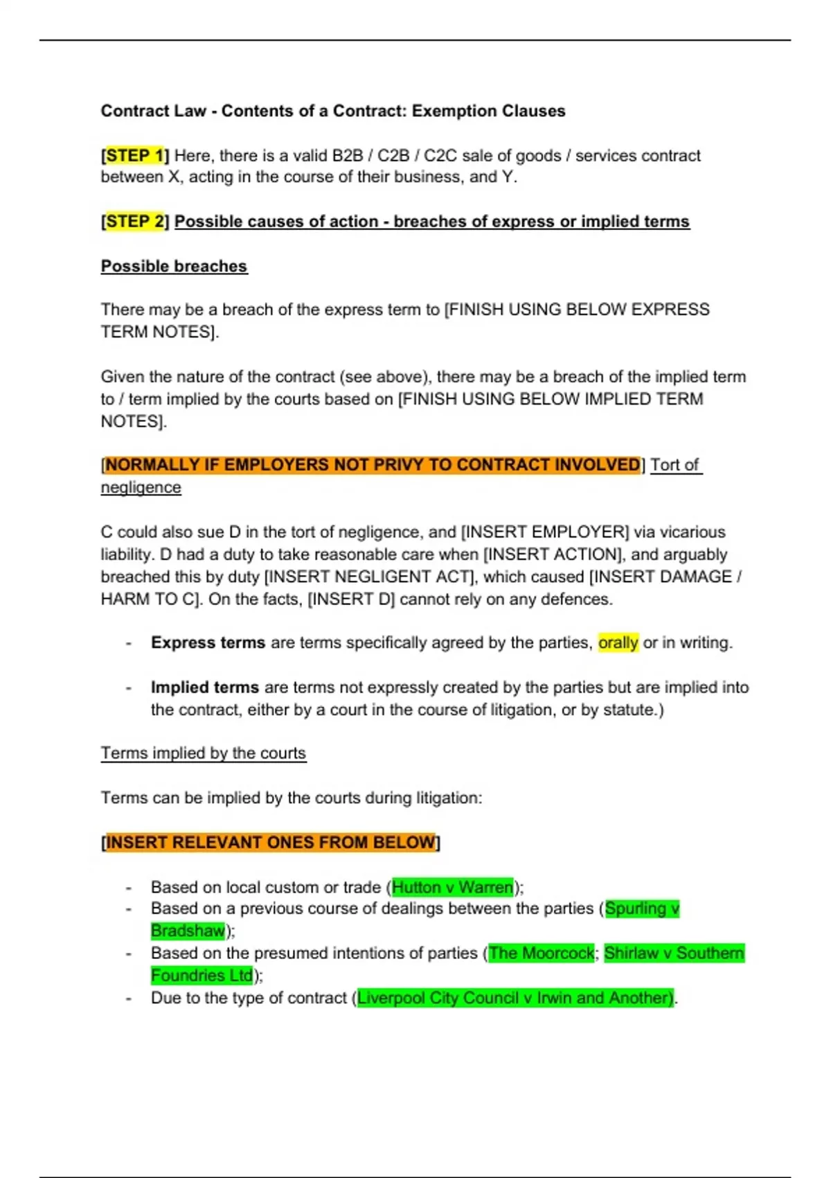 Contract Law - Contents of a Contract: Exemption Clauses (Exam Plan ...