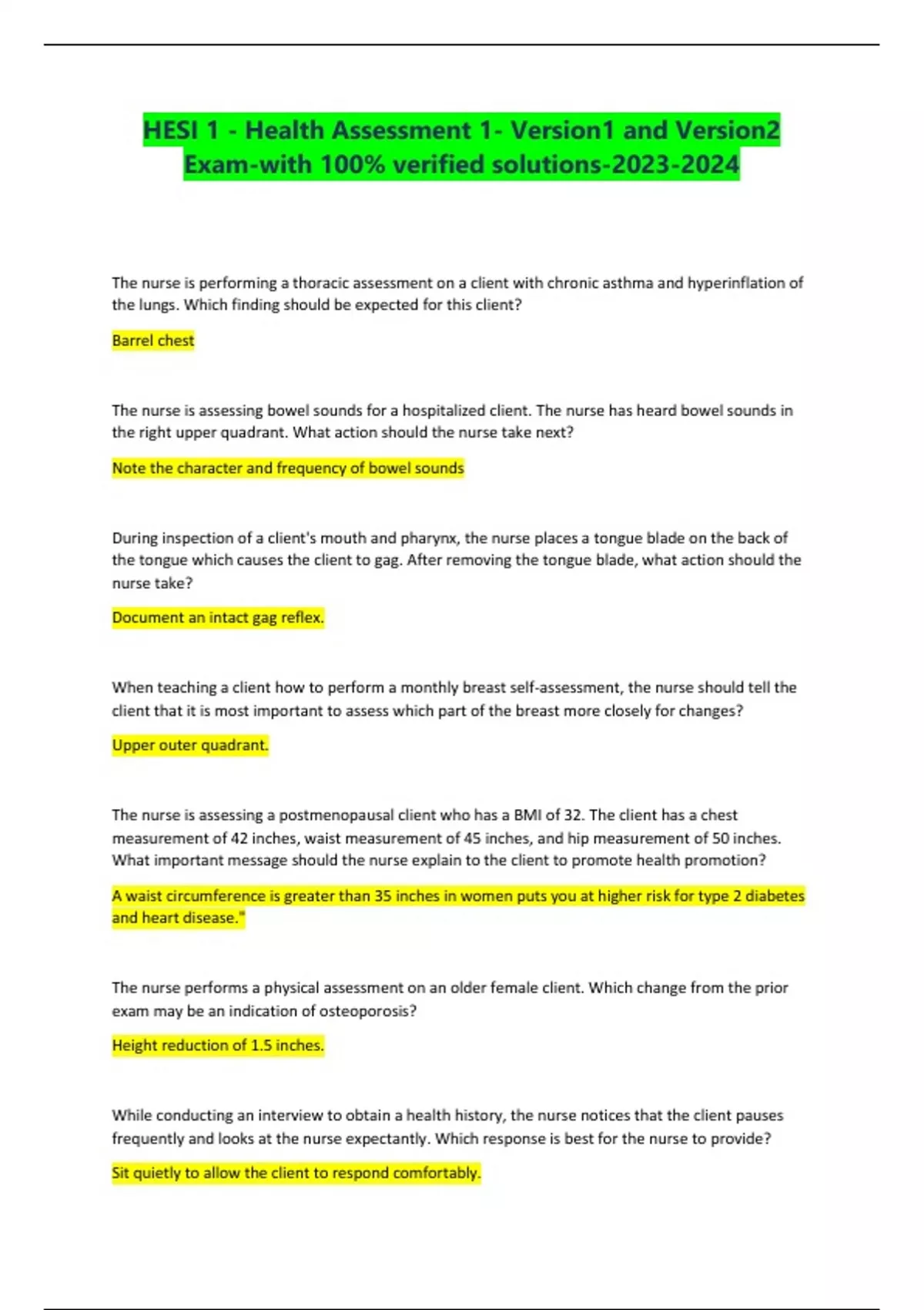 HESI 1 - Health Assessment 1- Version1 and Version2 Exam-with 100% ...