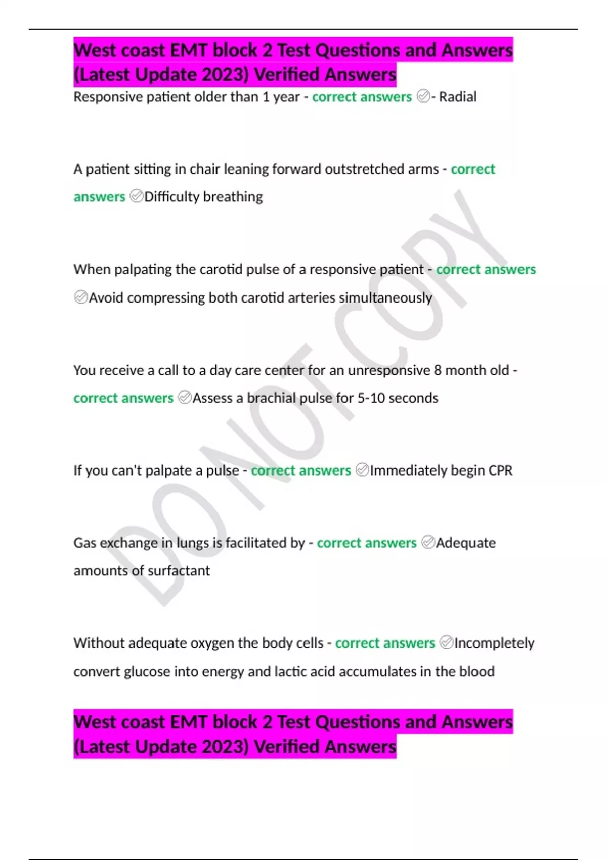 West coast EMT block 2 Test Questions and Answers (Latest Update 2023 ...