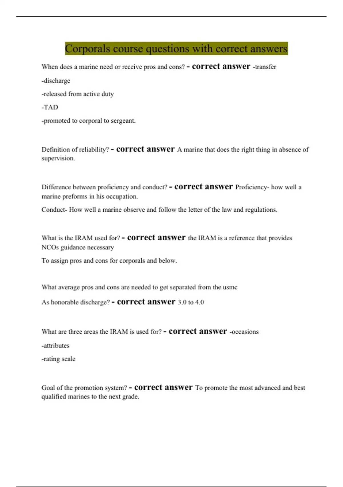 Corporals Course Questions With Correct Answers Corporals Course Stuvia Us