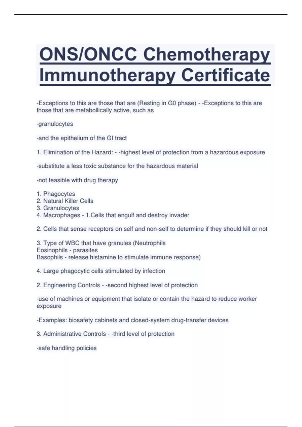 ONS/ONCC Chemotherapy Immunotherapy Certificate - NUR 200 - Stuvia US