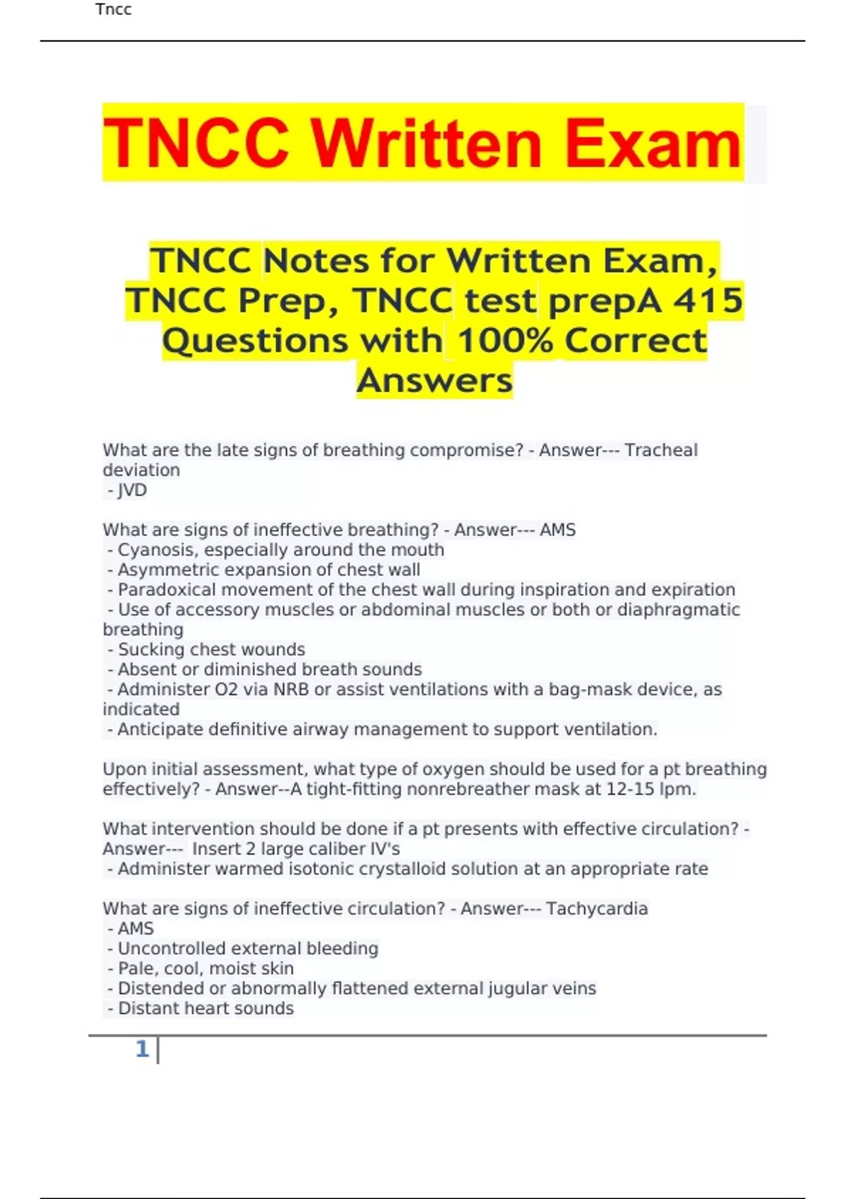 TNCC Notes for Written Exam, TNCC Prep, TNCC test prepA 415 Questions ...