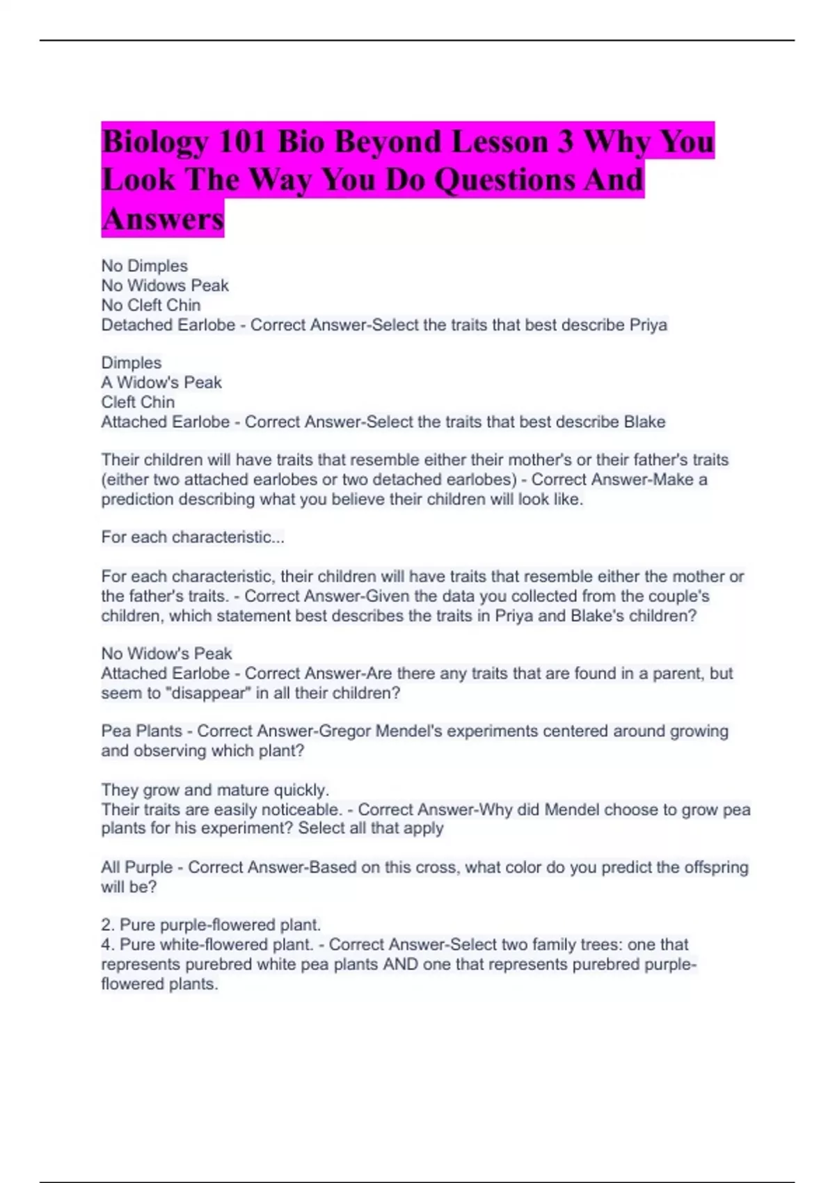 Biology 101 Bio Beyond Lesson 3 Why You Look The Way You Do Questions ...