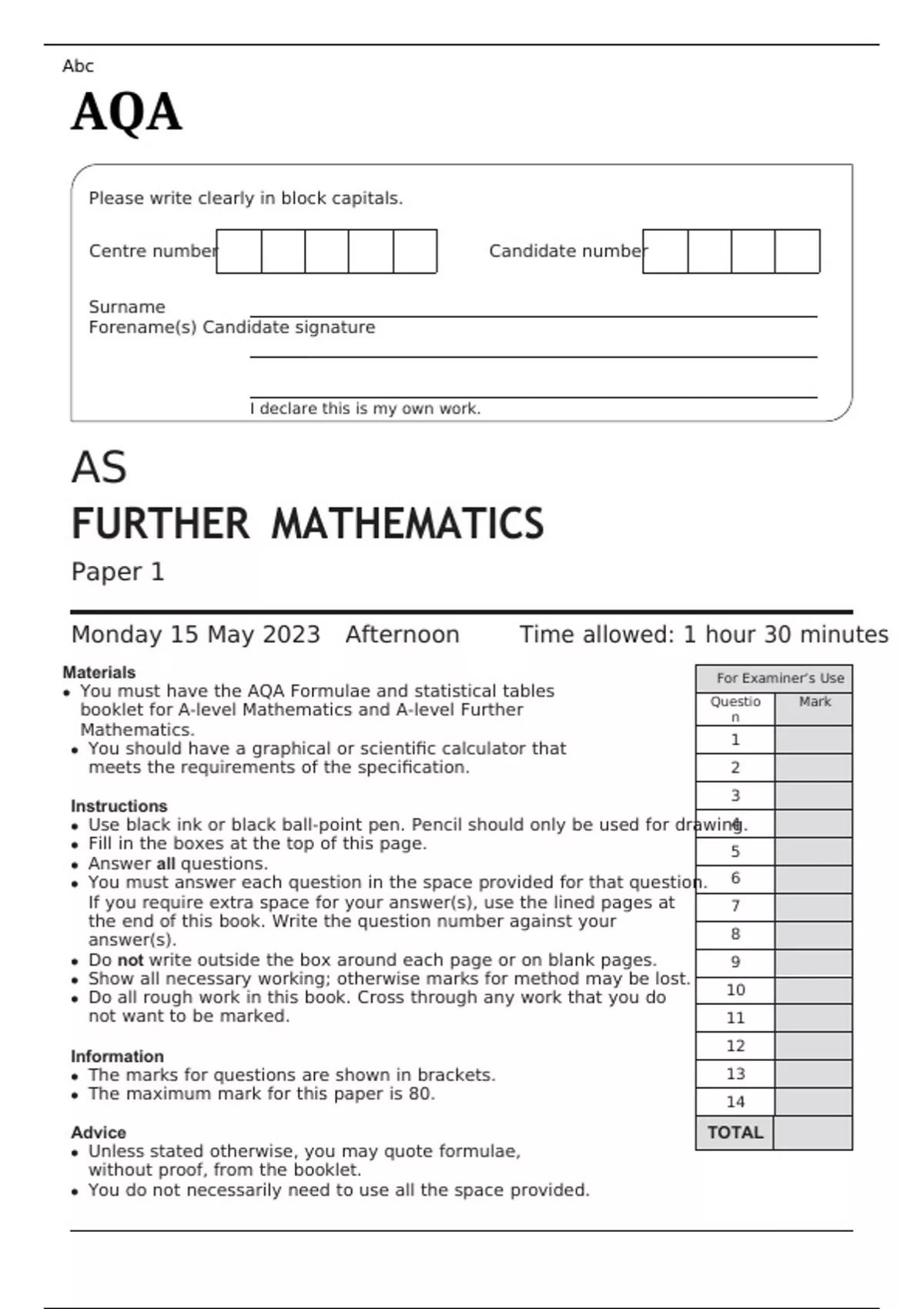 AQA AS FURTHER MATHEMATICS PAPER 1, 2D, 2M and 2S MAY 2023 QUESTION ...