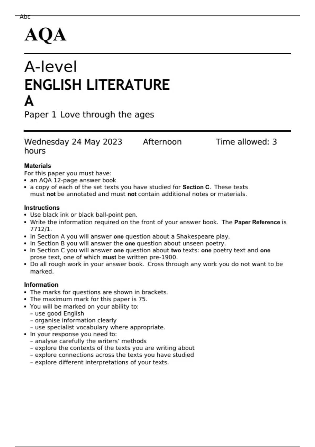 AQA A level ENGLISH LITERATURE A Paper 1 MAY 2023 QUESTION PAPER AND MARK SCHEME - Stuvia US