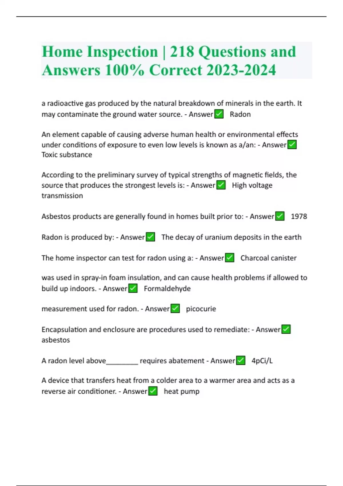 Home Inspection | 218 Questions and Answers 100% Correct - Home ...