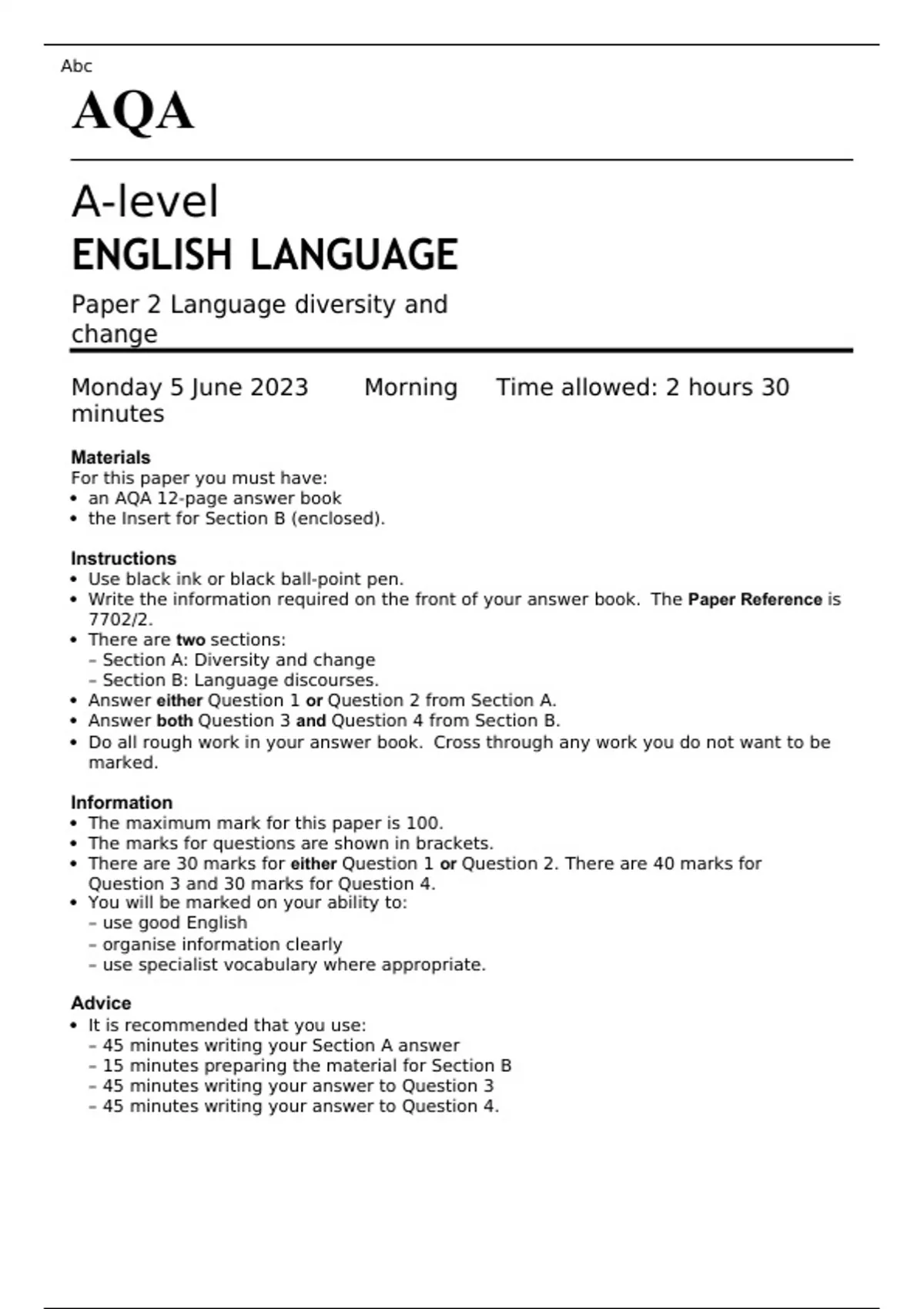 AQA A level ENGLISH LANGUAGE Paper 1 MAY 2023 QUESTION PAPER AND MARK ...
