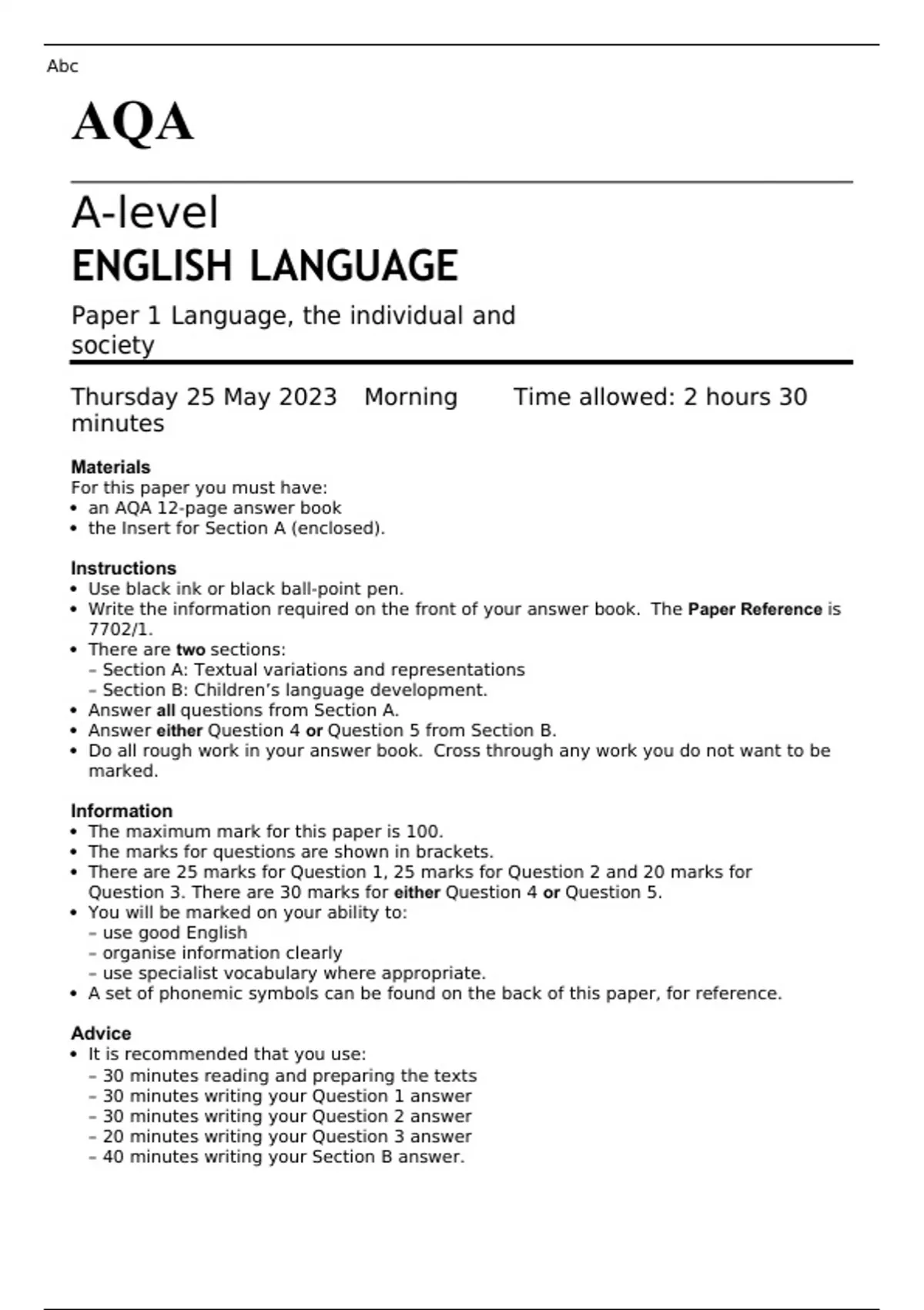 AQA A level ENGLISH LANGUAGE Paper 1 MAY 2023 QUESTION PAPER: Language ...