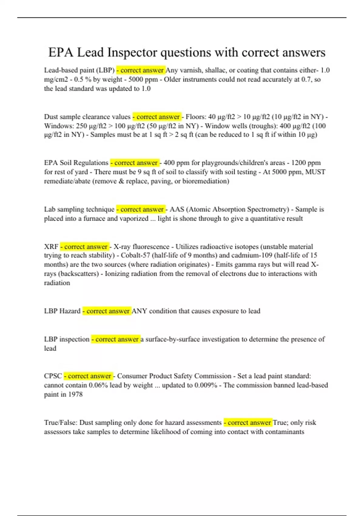 EPA Lead Inspector questions with correct answers - EPA Lead Inspector - Stuvia US