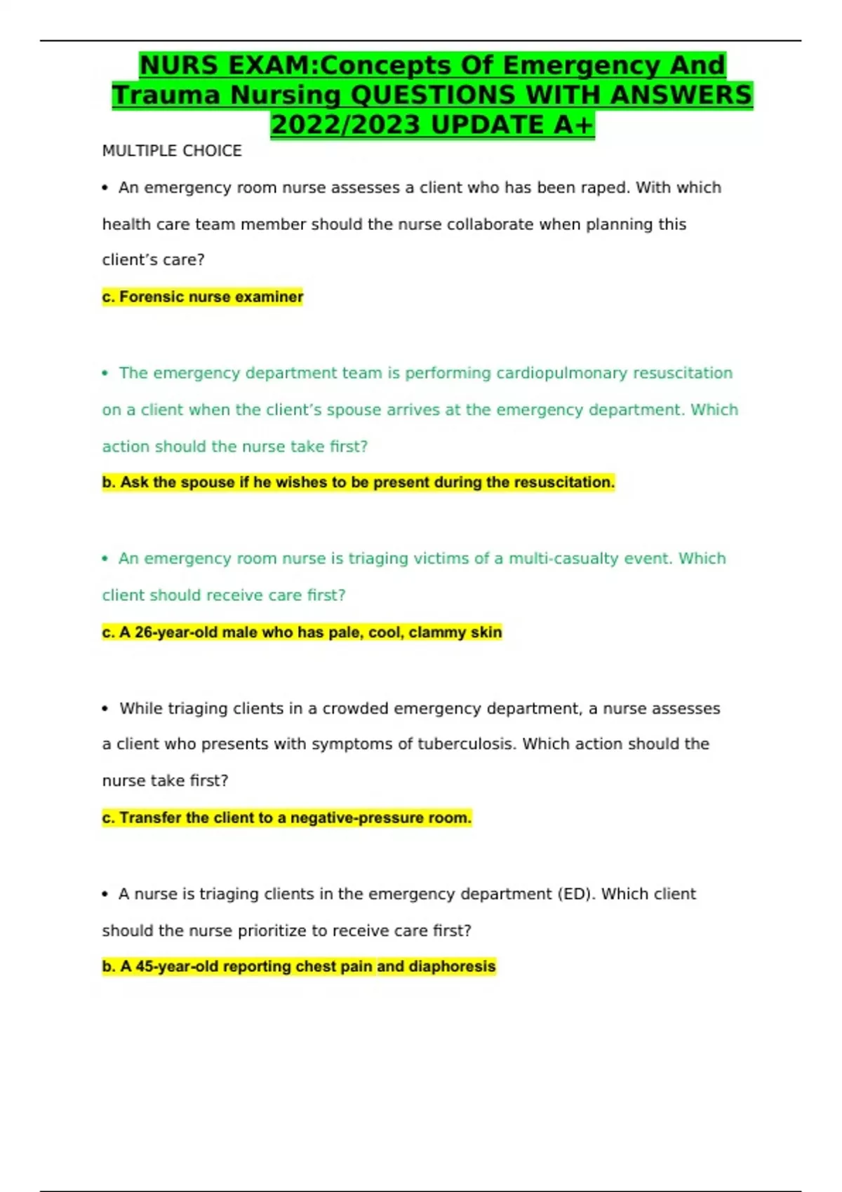 NURS EXAM:Concepts Of Emergency And Trauma Nursing QUESTIONS WITH ...