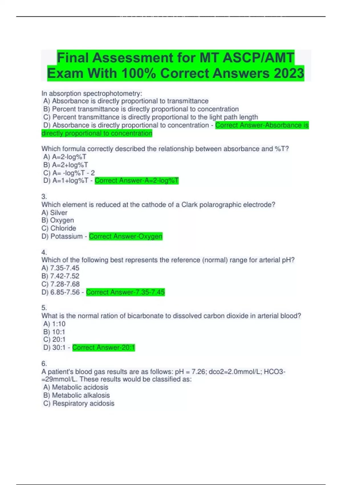 Final Assessment for MT ASCP/AMT exam 2023 QUESTIONS & ANSWERS ( A+ ...