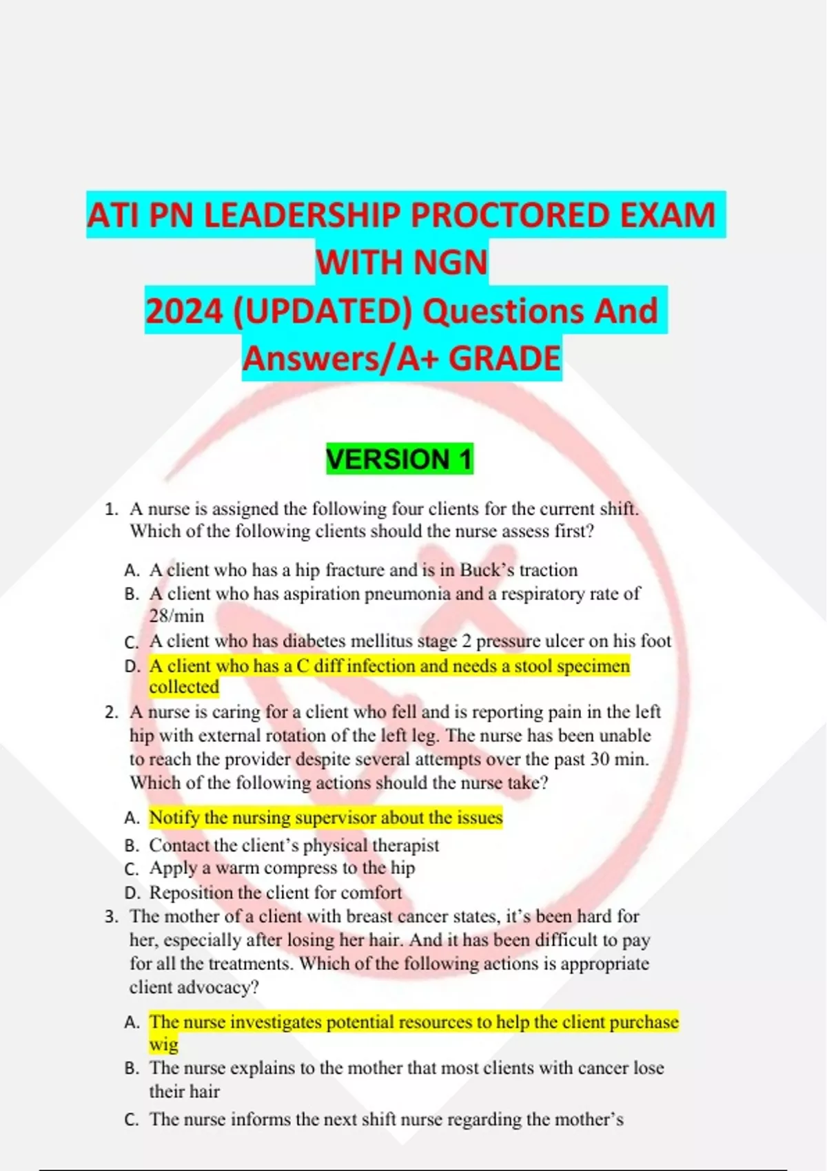 ATI PN LEADERSHIP PROCTORED EXAM WITH NGN 2024 (UPDATED) Questions And ...