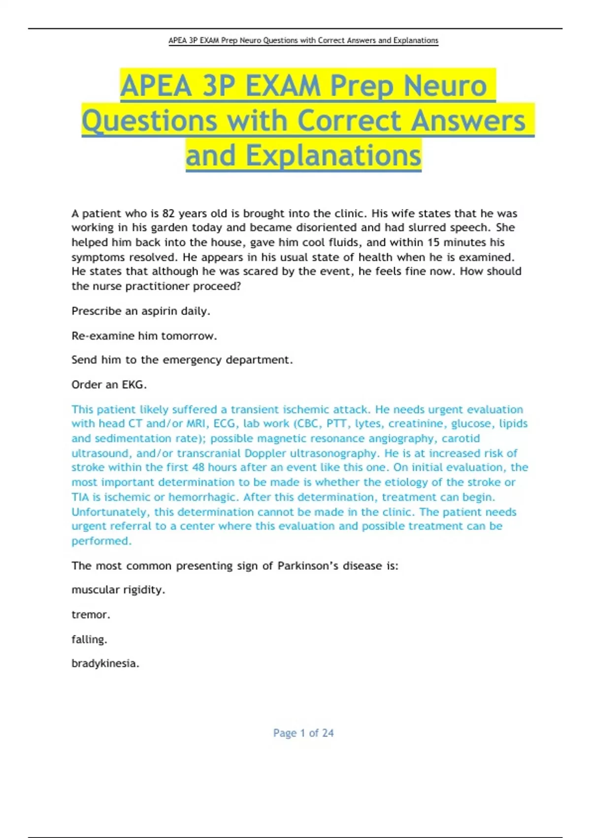 APEA 3P EXAM Prep Neuro Questions with Correct Answers and Explanations ...