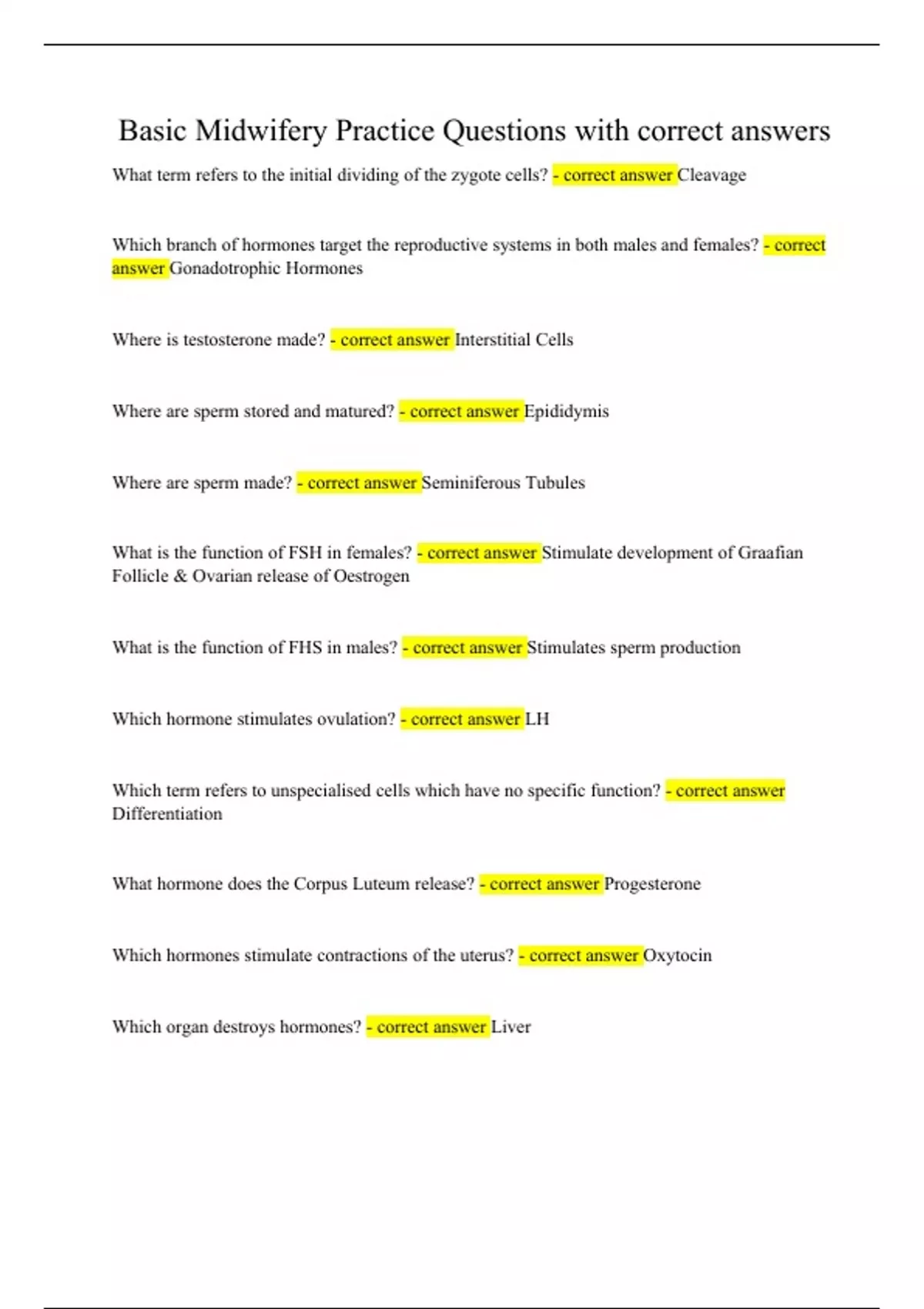 Basic Midwifery Practice Questions with correct answers - Basic ...