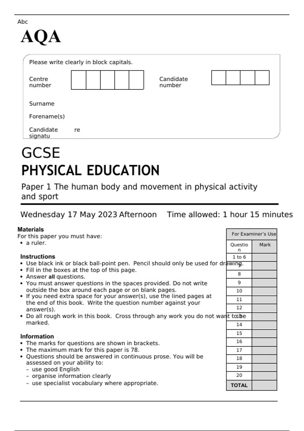 AQA GCSE PHYSICAL EDUCATION Paper 1 MAY 2023 QUESTION PAPER: The human ...