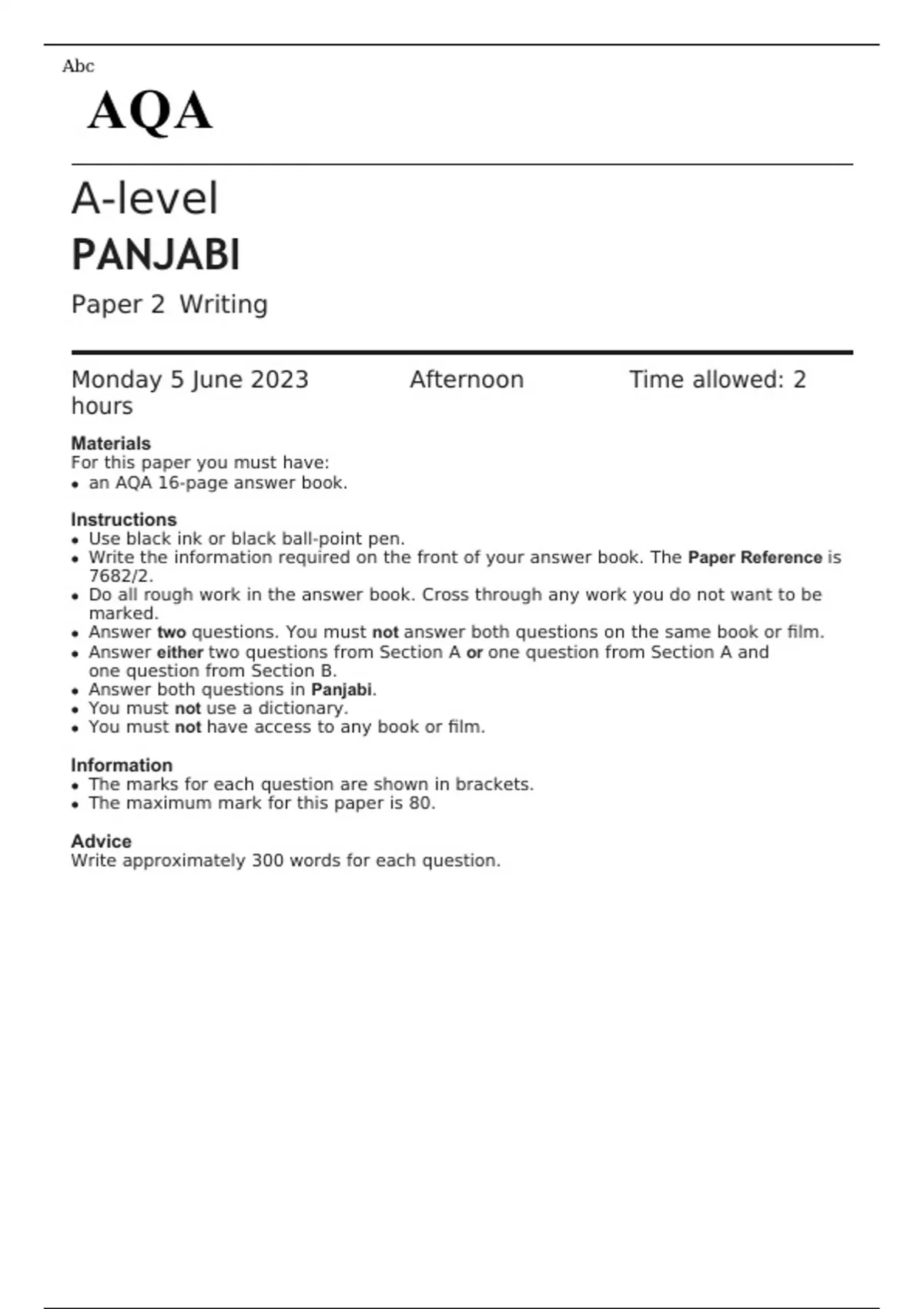 AQA A level PANJABI Paper 1 and 2 MAY 2023 QUESTION PAPERS - Stuvia US