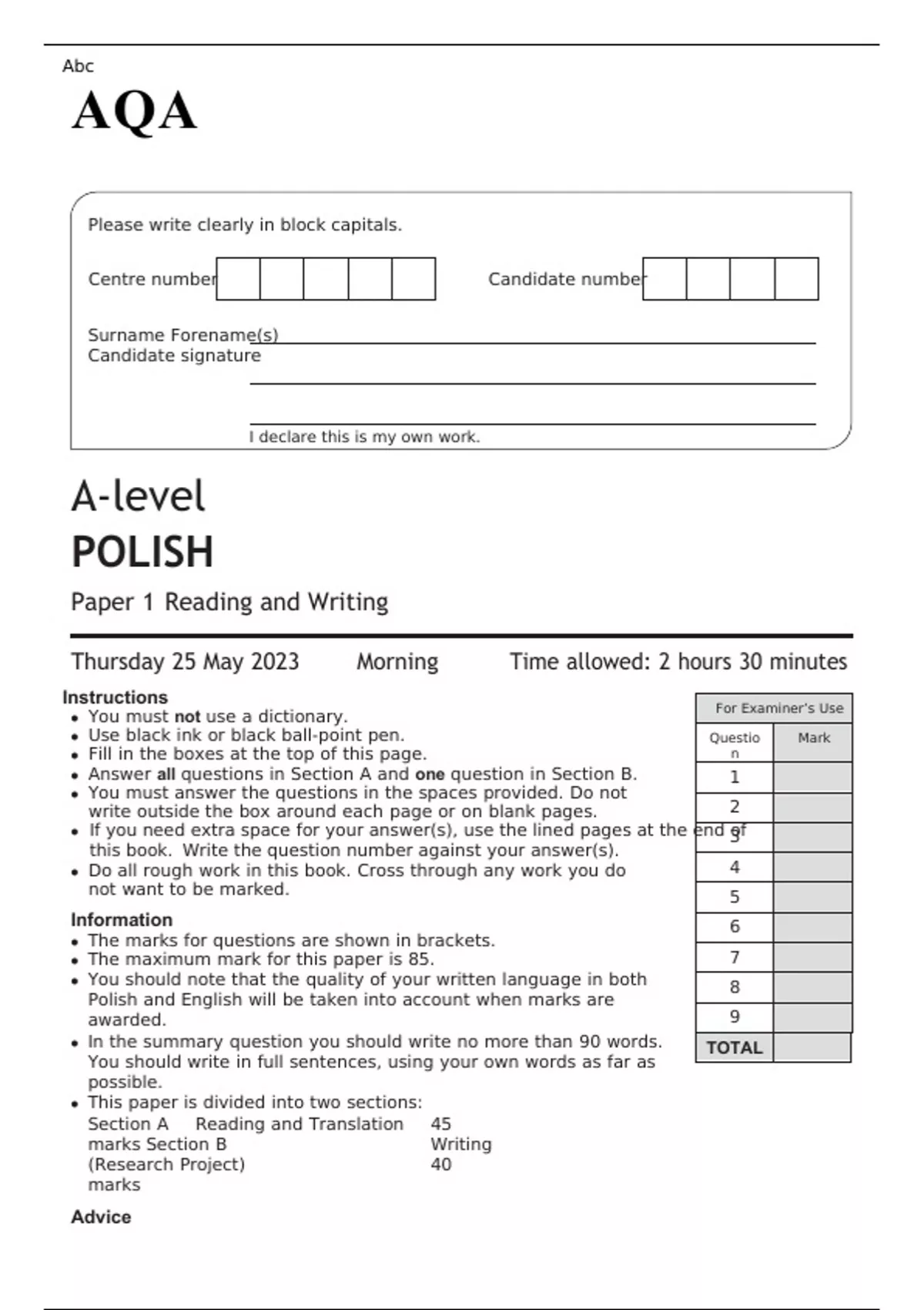 AQA A level POLISH Paper 1 MAY 2023 QUESTION PAPER: Reading and Writing - A-level POLISH - Stuvia US