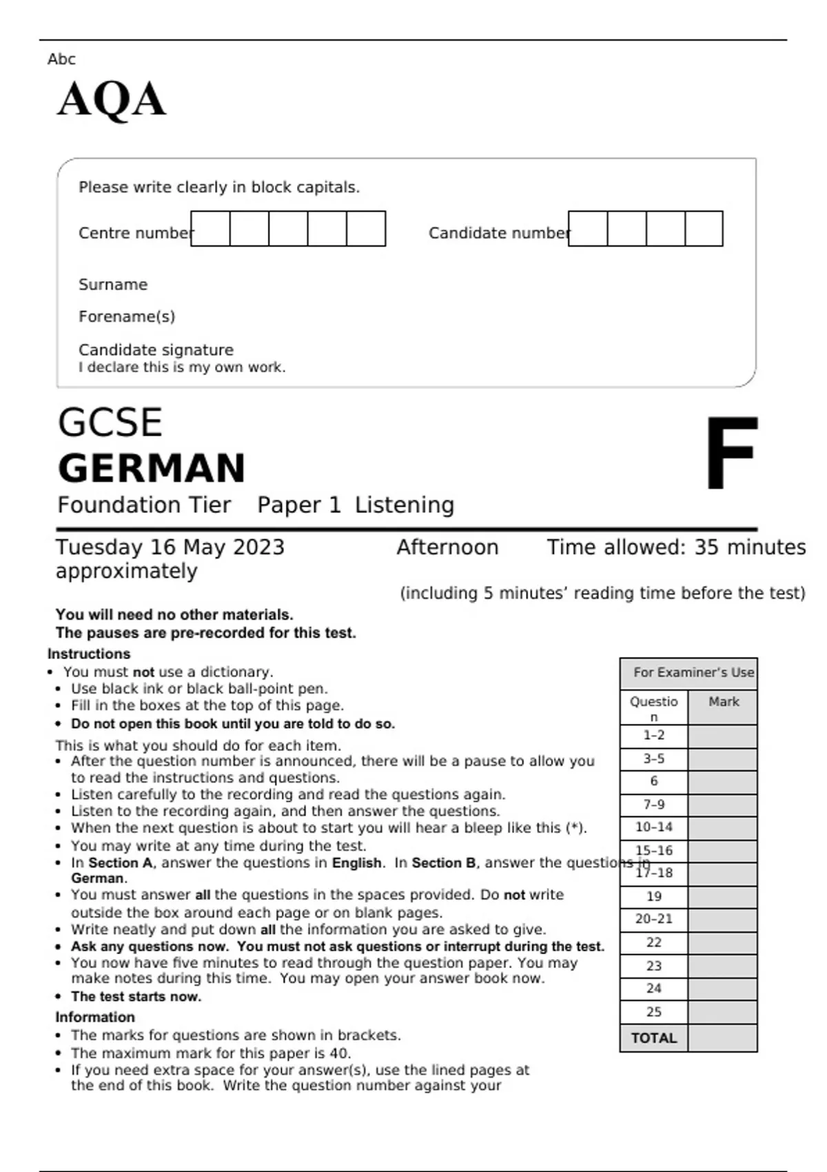 AQA GCSE GERMAN Foundation Tier Paper 1 MAY 2023 QUESTION PAPER ...