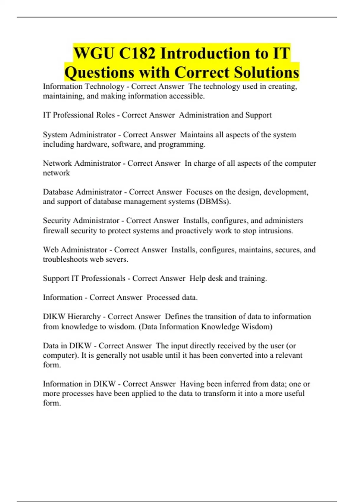 WGU C182 Introduction to IT Questions with Correct Solutions - WGU C182 ...