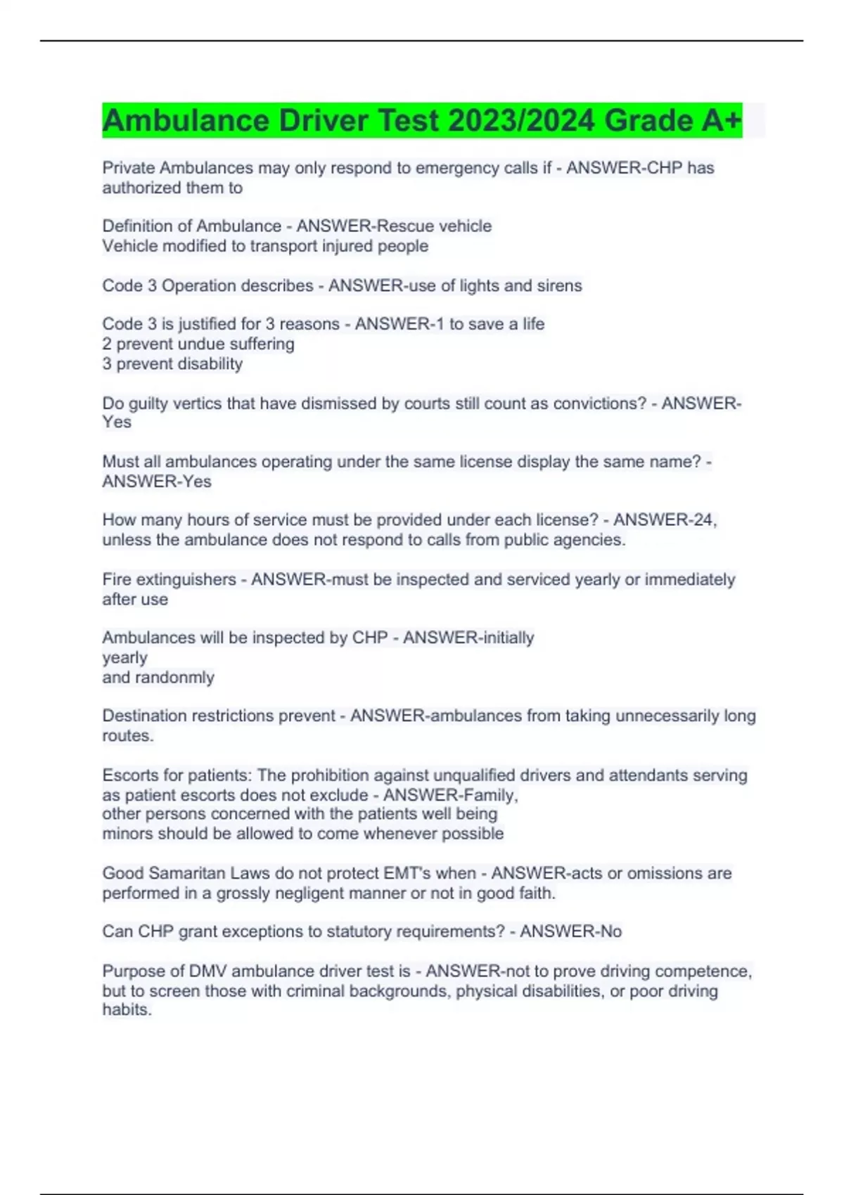 Ambulance Driver Test 2023/2024 Grade A+ - Ambulance Driver - Stuvia US
