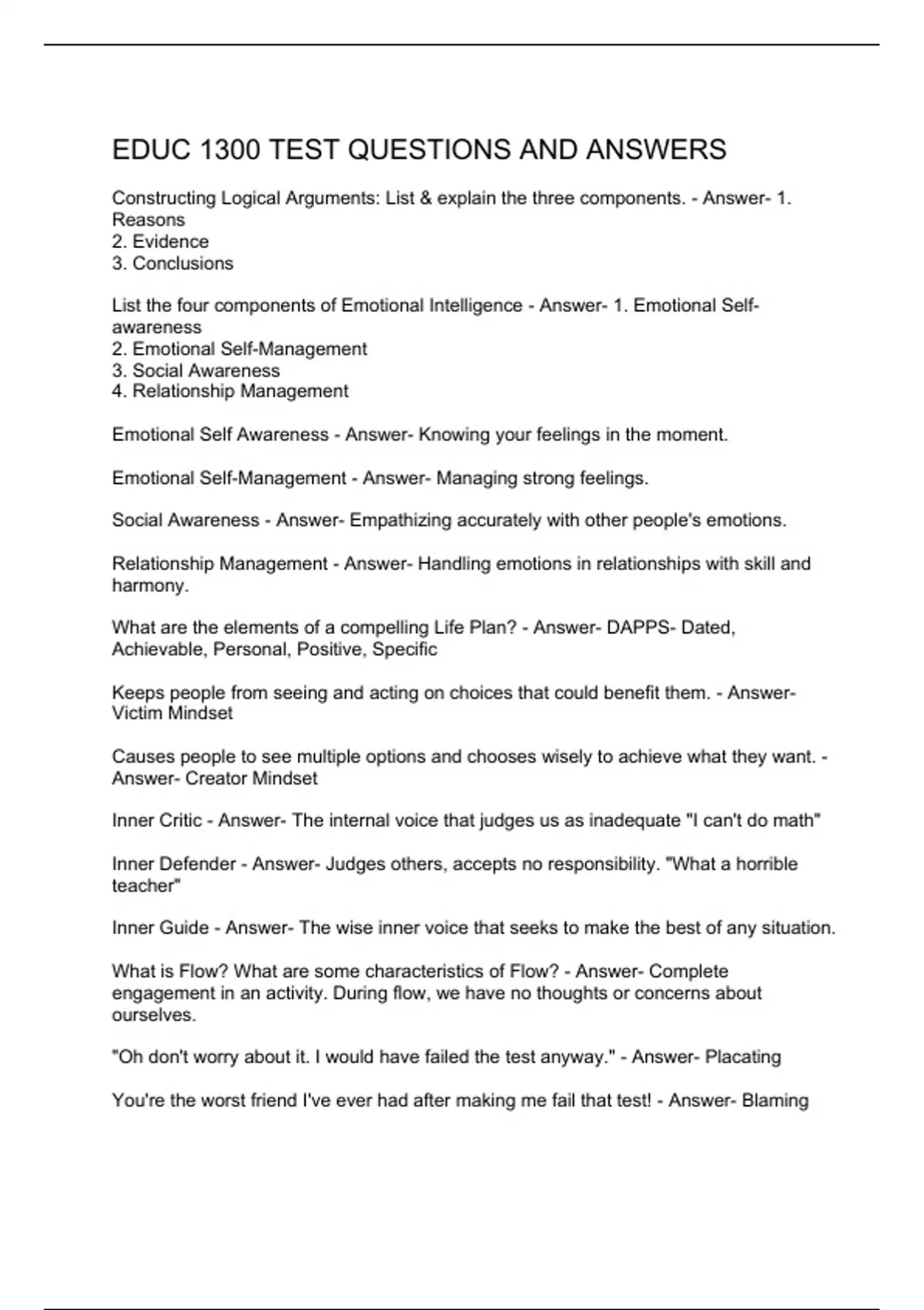 EDUC 1300 TEST QUESTIONS AND ANSWERS - EDUC 1300 - Stuvia US