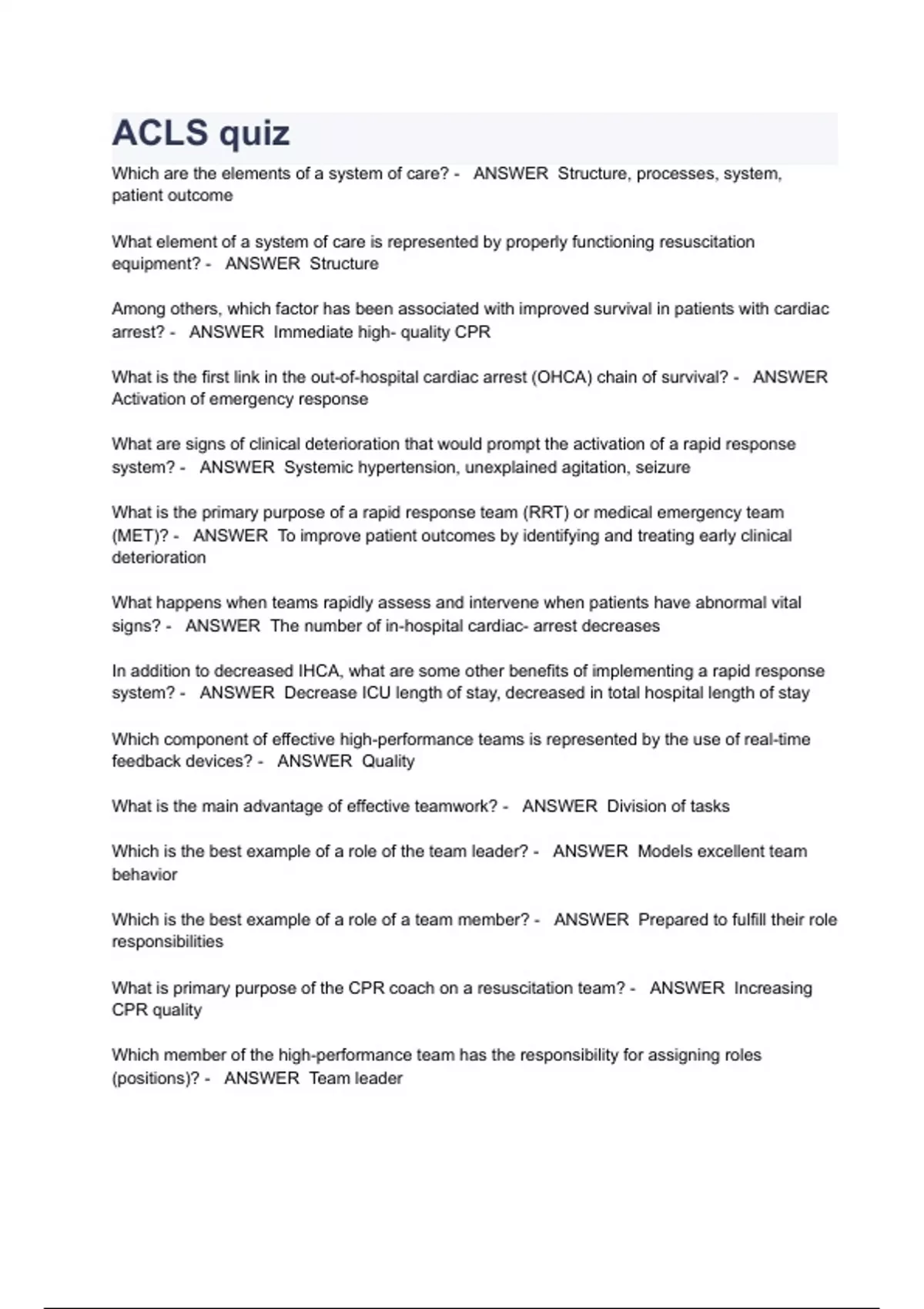 ACLS quiz (A+ GRADED VERIFIED 100%) LATEST VERSION 2023 - AHA ACLS ...