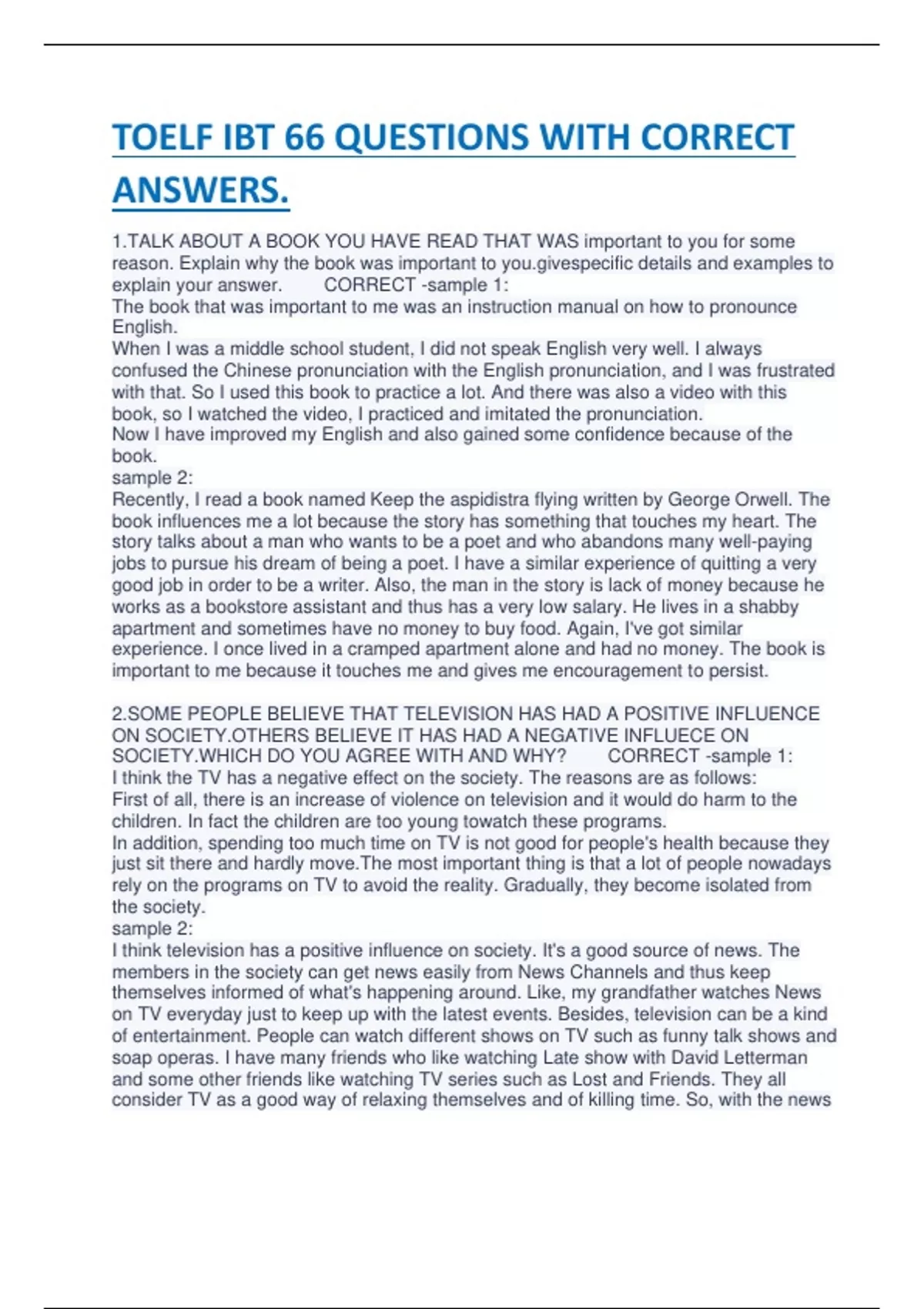 TOELF IBT 66 QUESTIONS WITH CORRECT ANSWERS RATED A. - TOEFL IBT ...