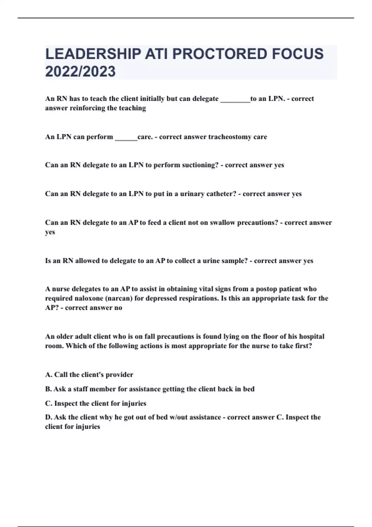 LEADERSHIP ATI PROCTORED FOCUS 2022/2023|UPDATED&VERIFIED|100% SOLVED ...