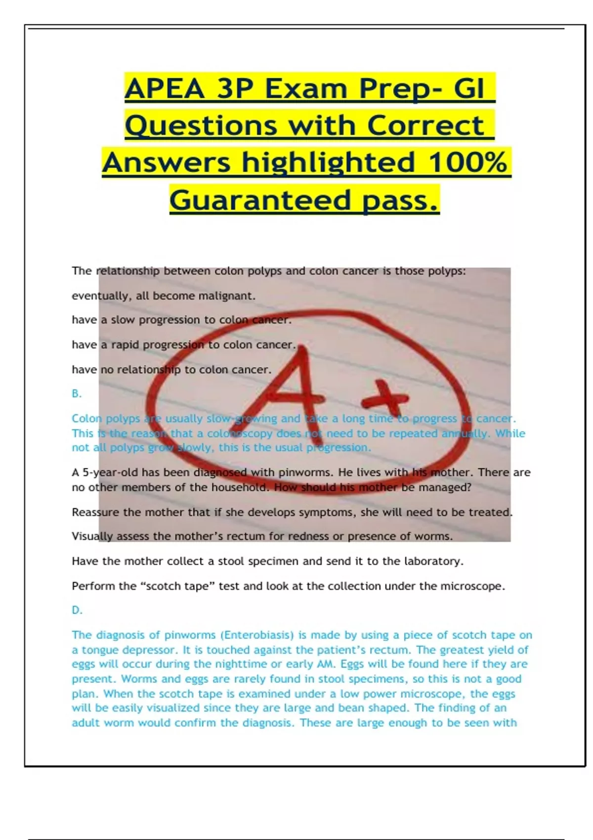APEA 3P Exam Prep- GI Questions with Correct Answers highlighted 100% ...
