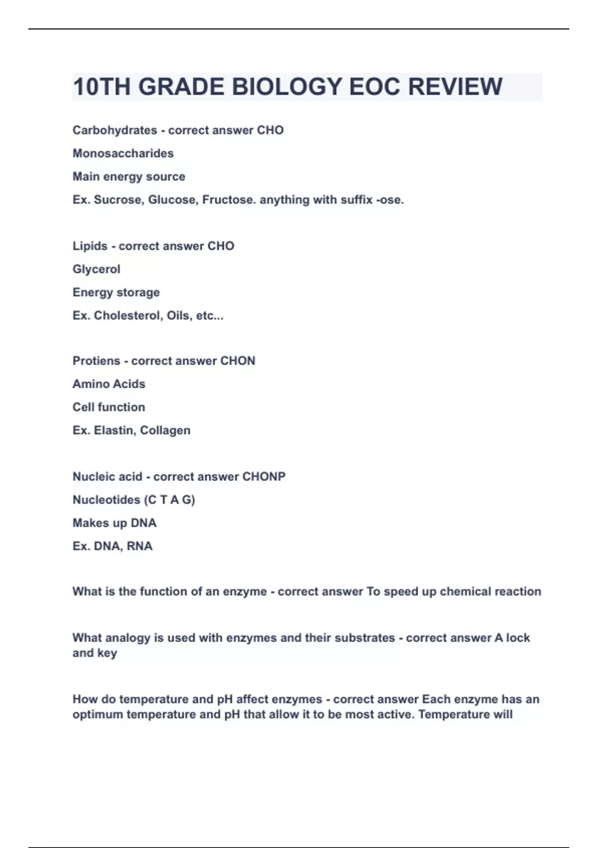 10TH GRADE BIOLOGY EOC REVIEW|UPDATED&VERIFIED|100% SOLVED|GUARANTEED ...