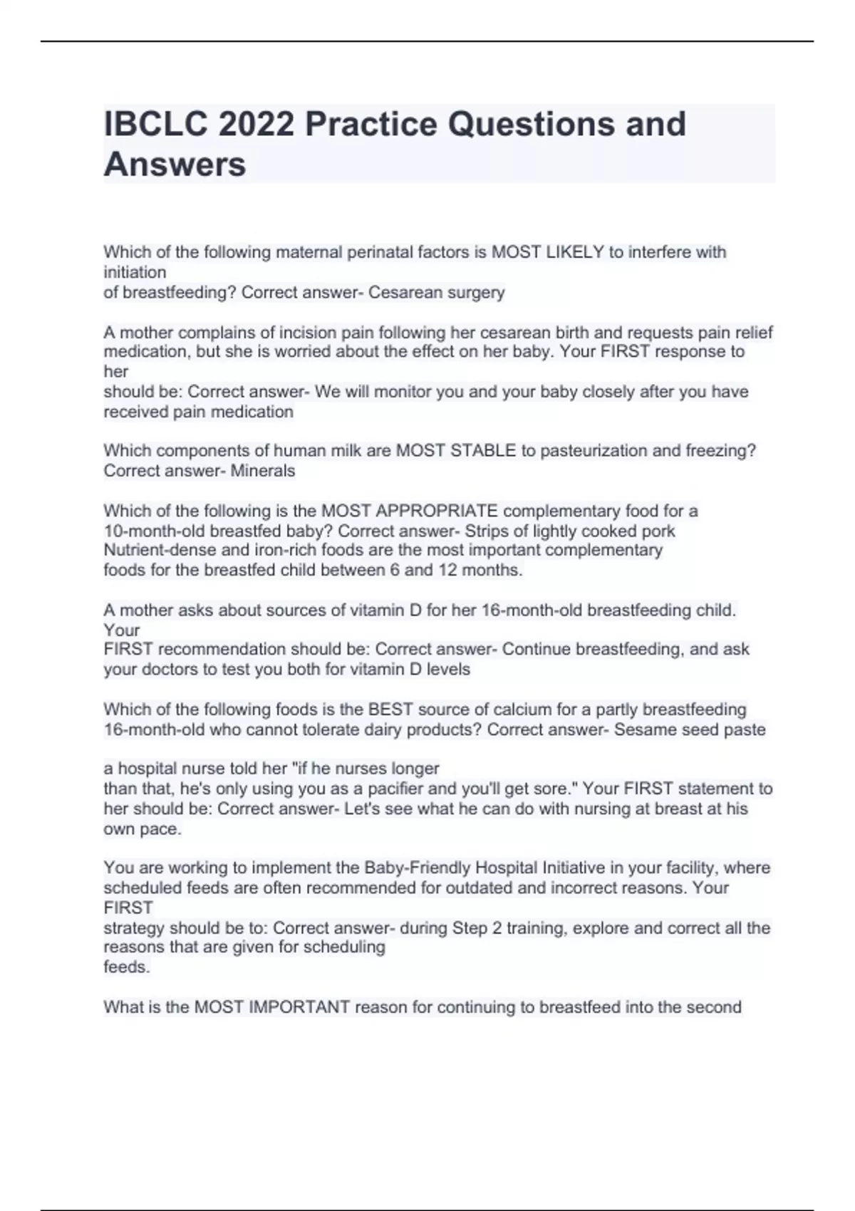 IBCLC 2022 Practice Questions and Answers - Nursing - Stuvia US