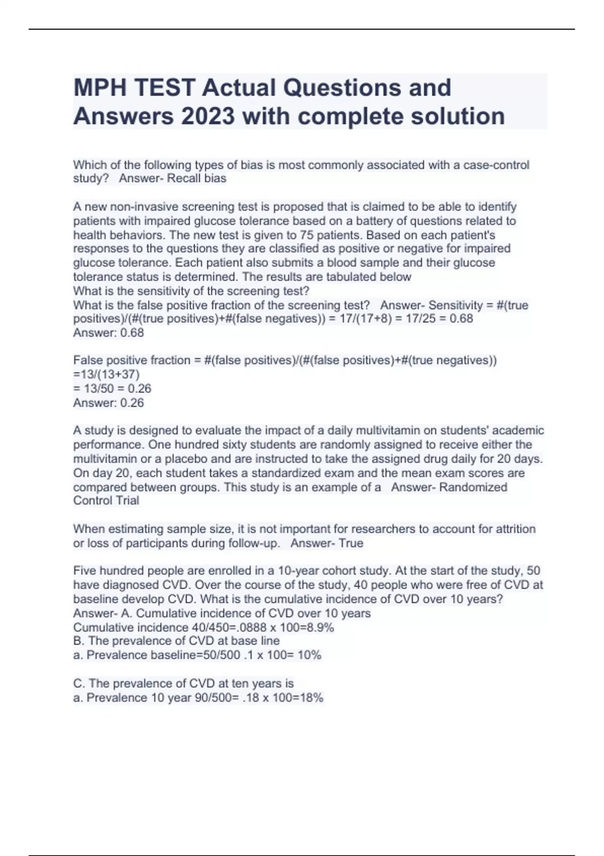 MPH TEST Actual Questions and Answers 2023 with complete solution - MPH ...