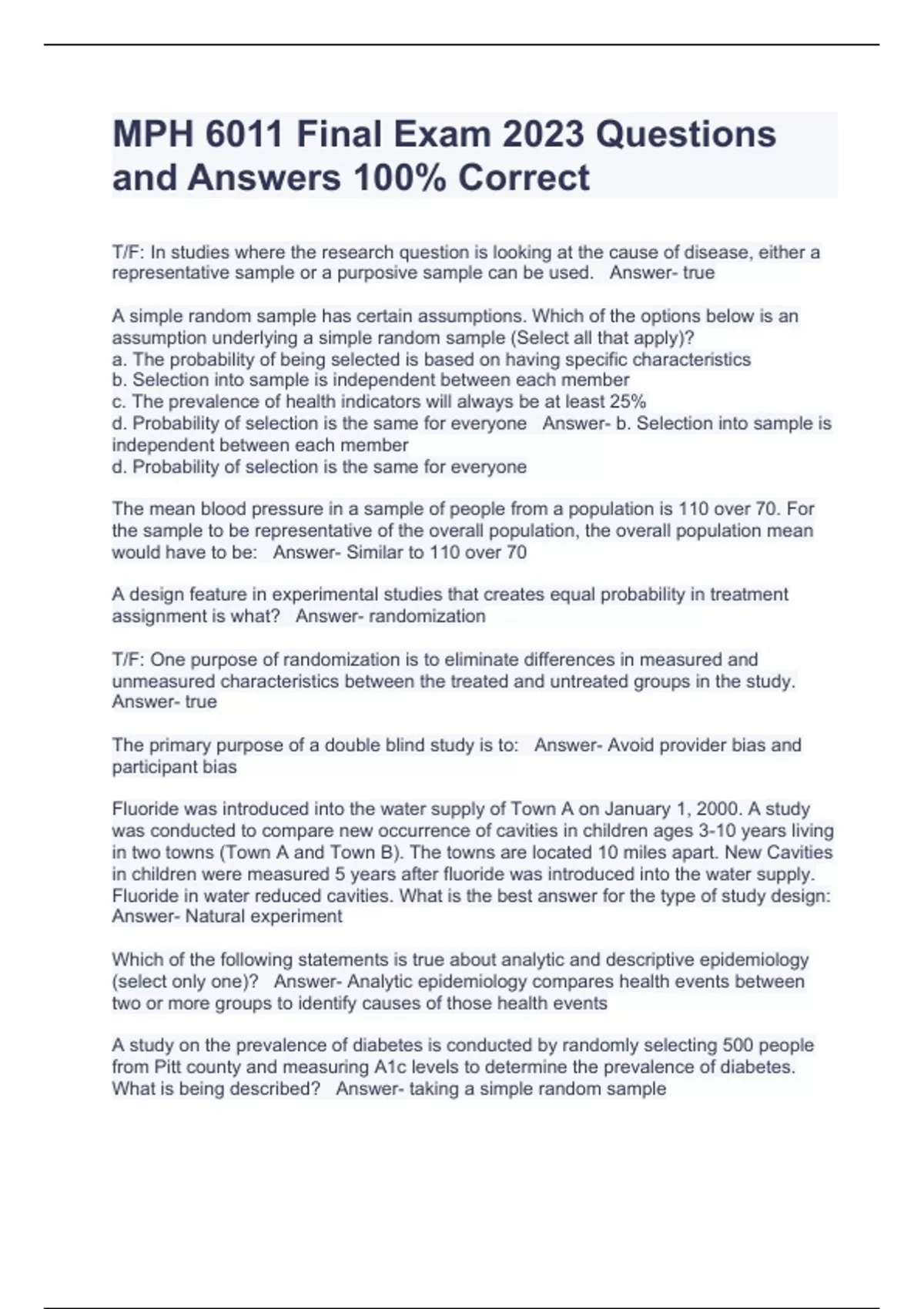 MPH 6011 Final Exam 2023 Questions and Answers 100% Correct - MPH ...