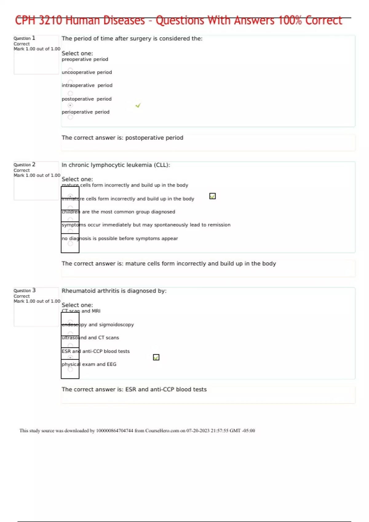 CPH 3210 Human Diseases – Questions With Answers 100% Correct - CPH ...