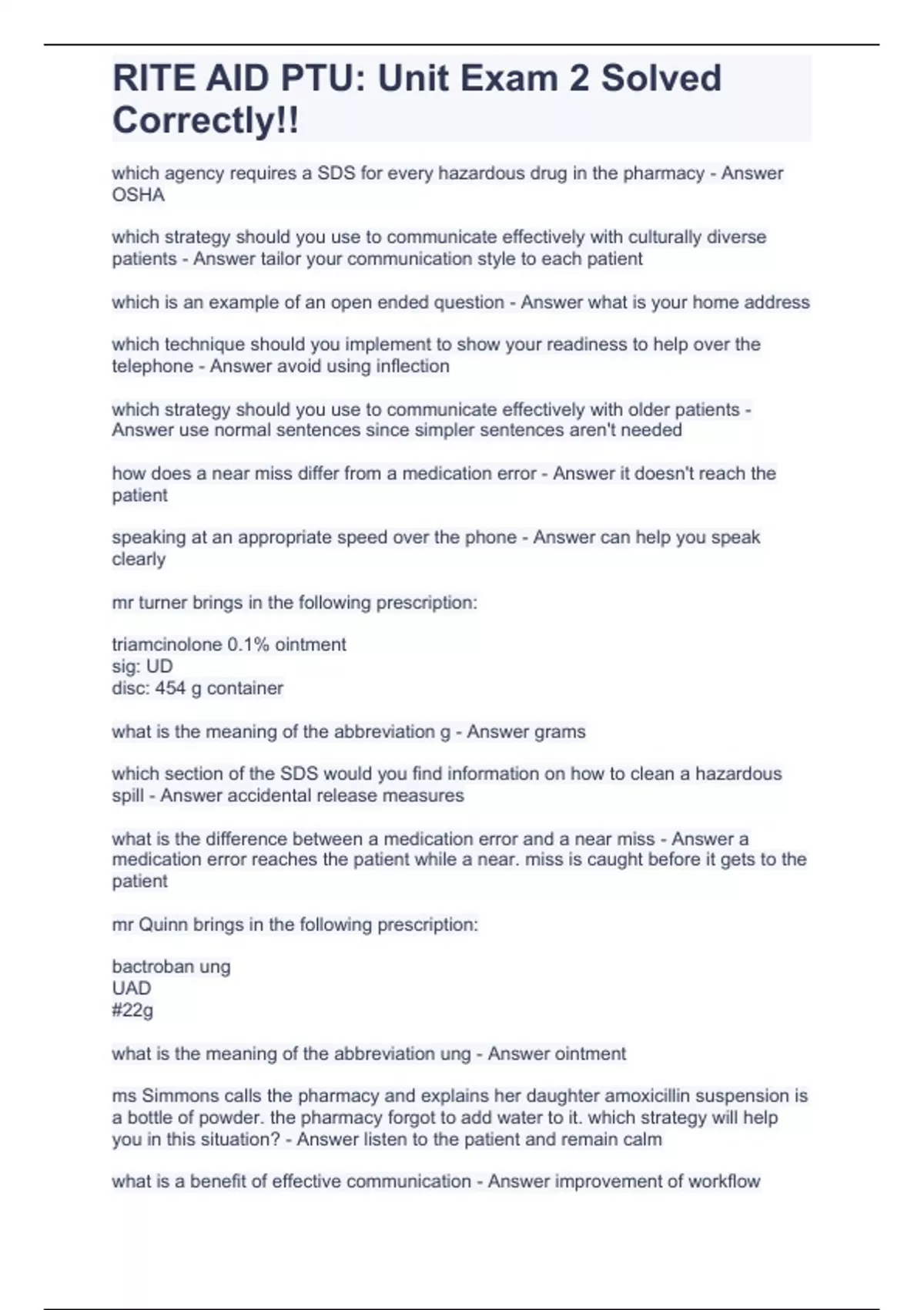 RITE AID PTU: Unit Exam 2 Solved Correctly!! - Rite Aid PTU - Stuvia US
