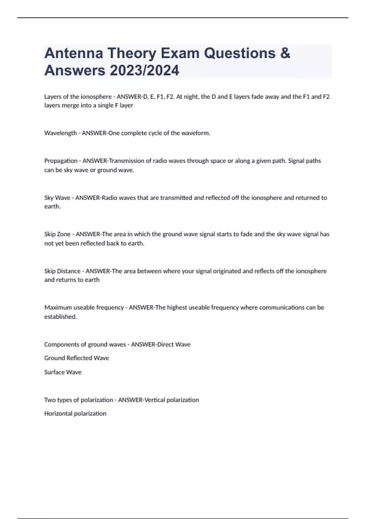 Antenna Theory Exam Questions & Answers 2023/2024 - Antenna Theory ...