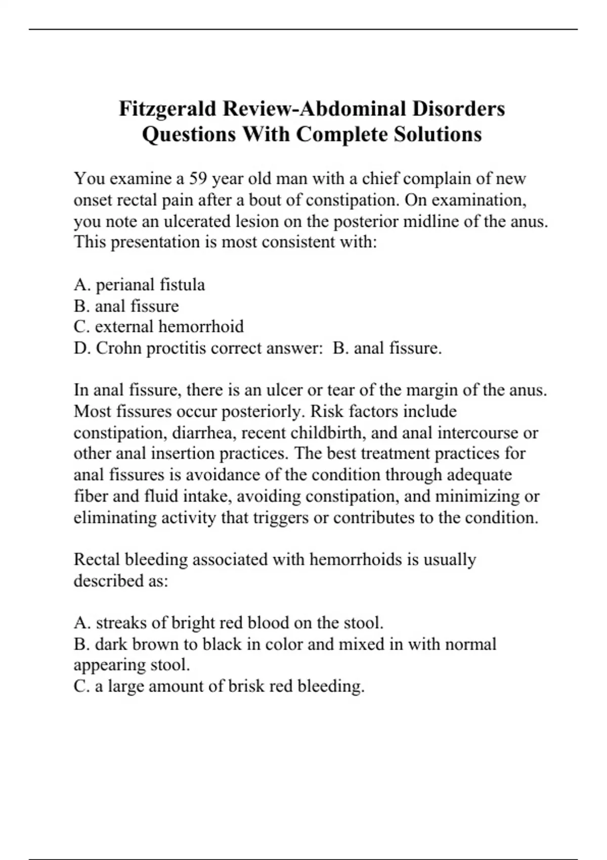 Fitzgerald Review-Abdominal Disorders Questions With Complete Solutions ...