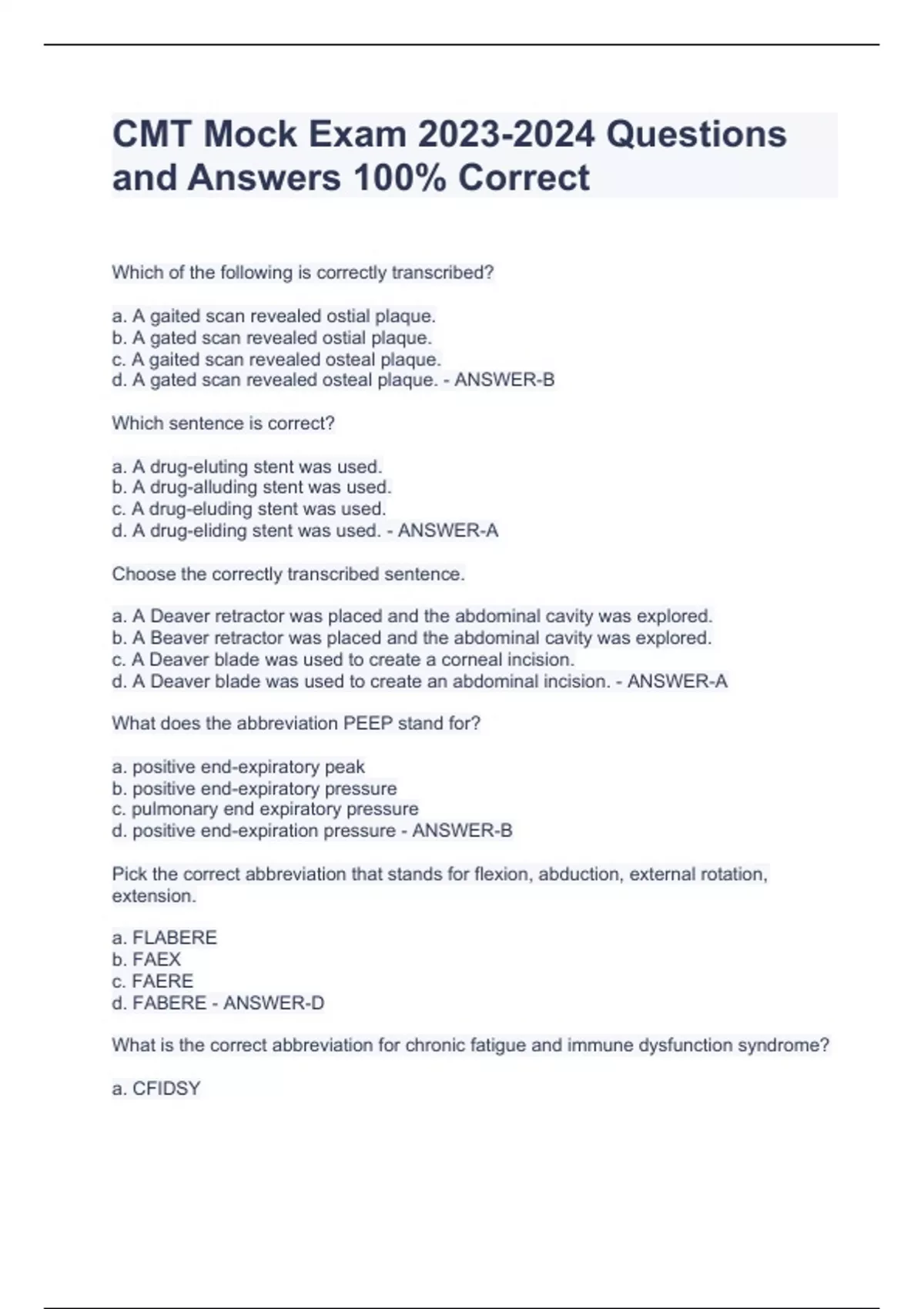 CMT Mock Exam Questions and Answers 100% Correct - CMT - Stuvia US